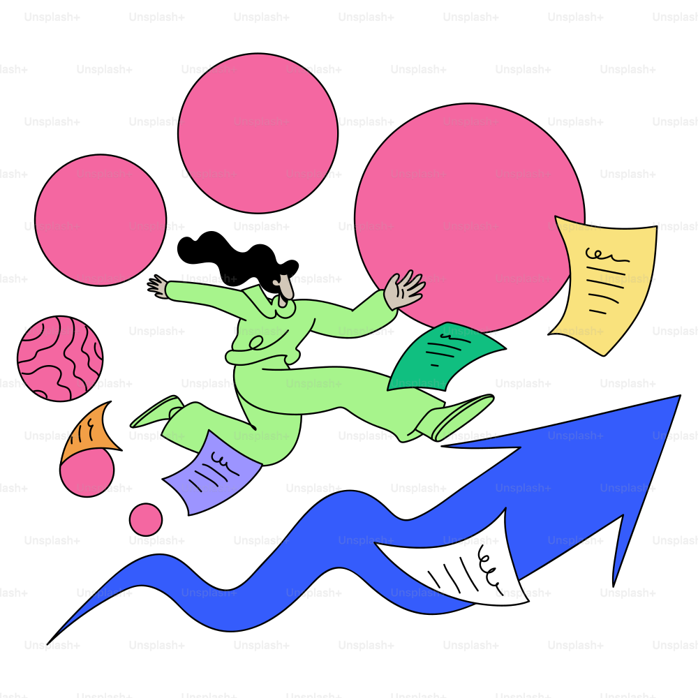 Woman is running up an arrow with floating papers. vector – Success ...