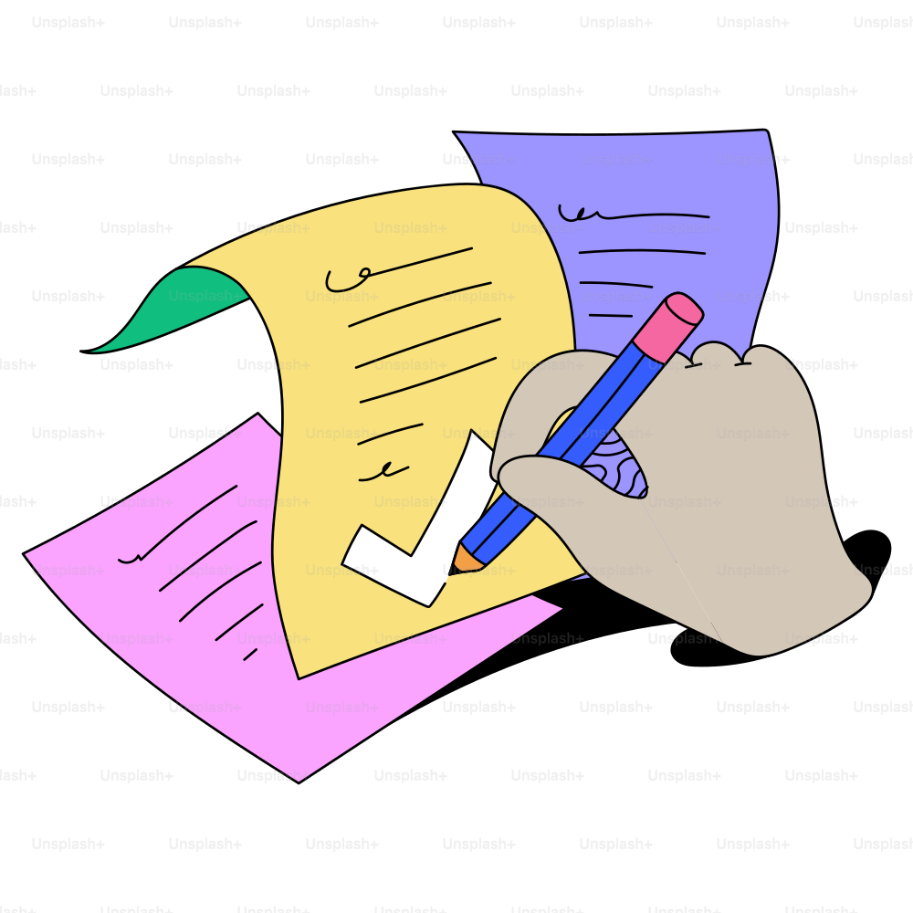 A hand writes on paperwork with a pencil. vector – Success Image on ...