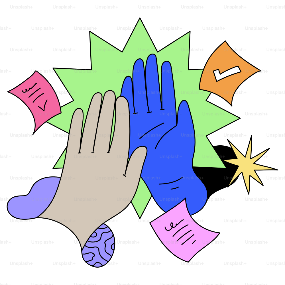 Manos chocando los cinco con aprobación y marcas de verificación ...