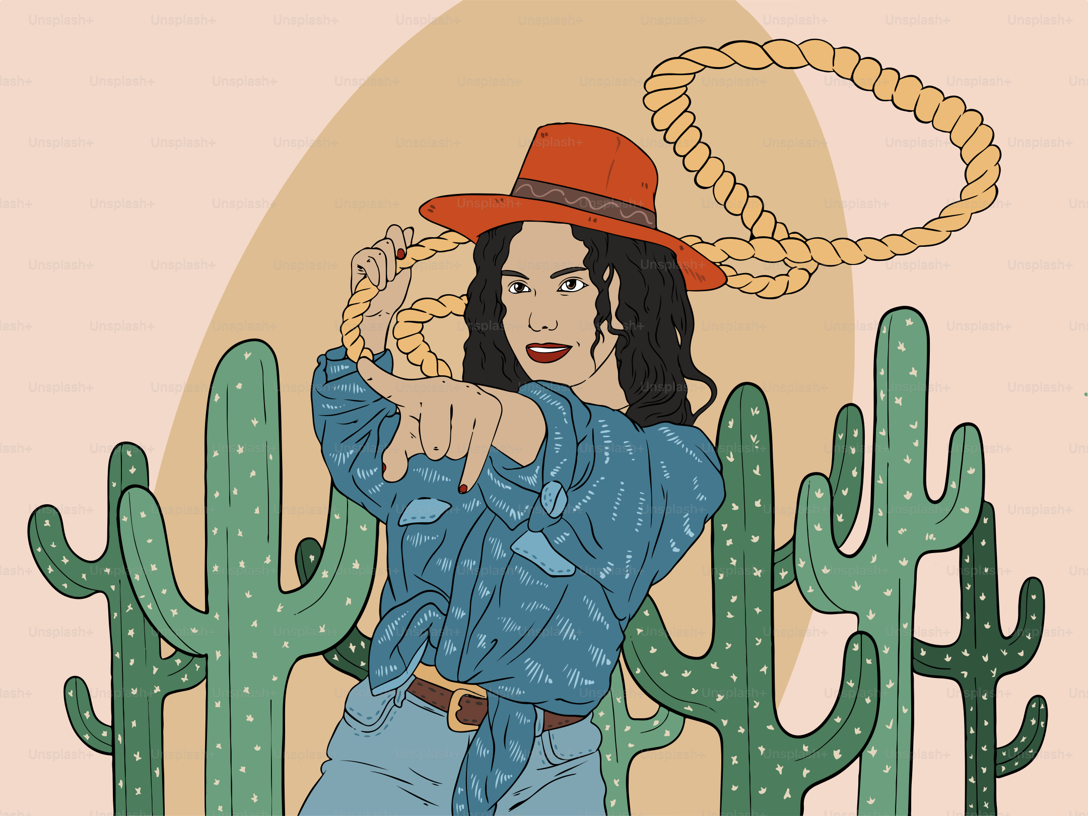Cowgirl lance un lasso dans une scène de désert. vectoriel – Image de ...
