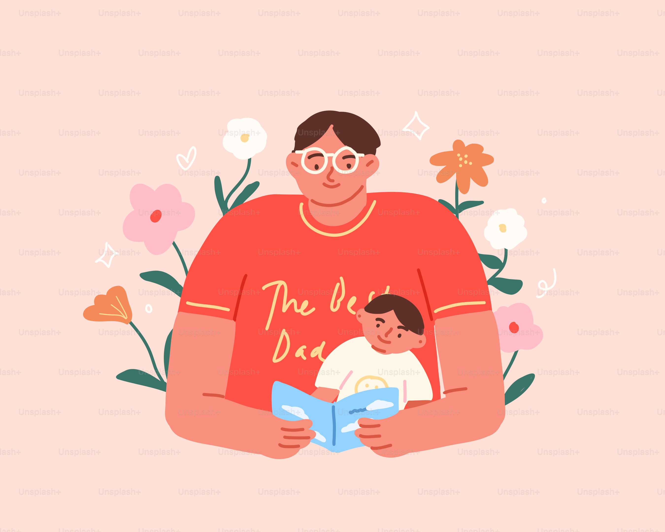 Father and son read a book surrounded by flowers. vector – Family Image ...