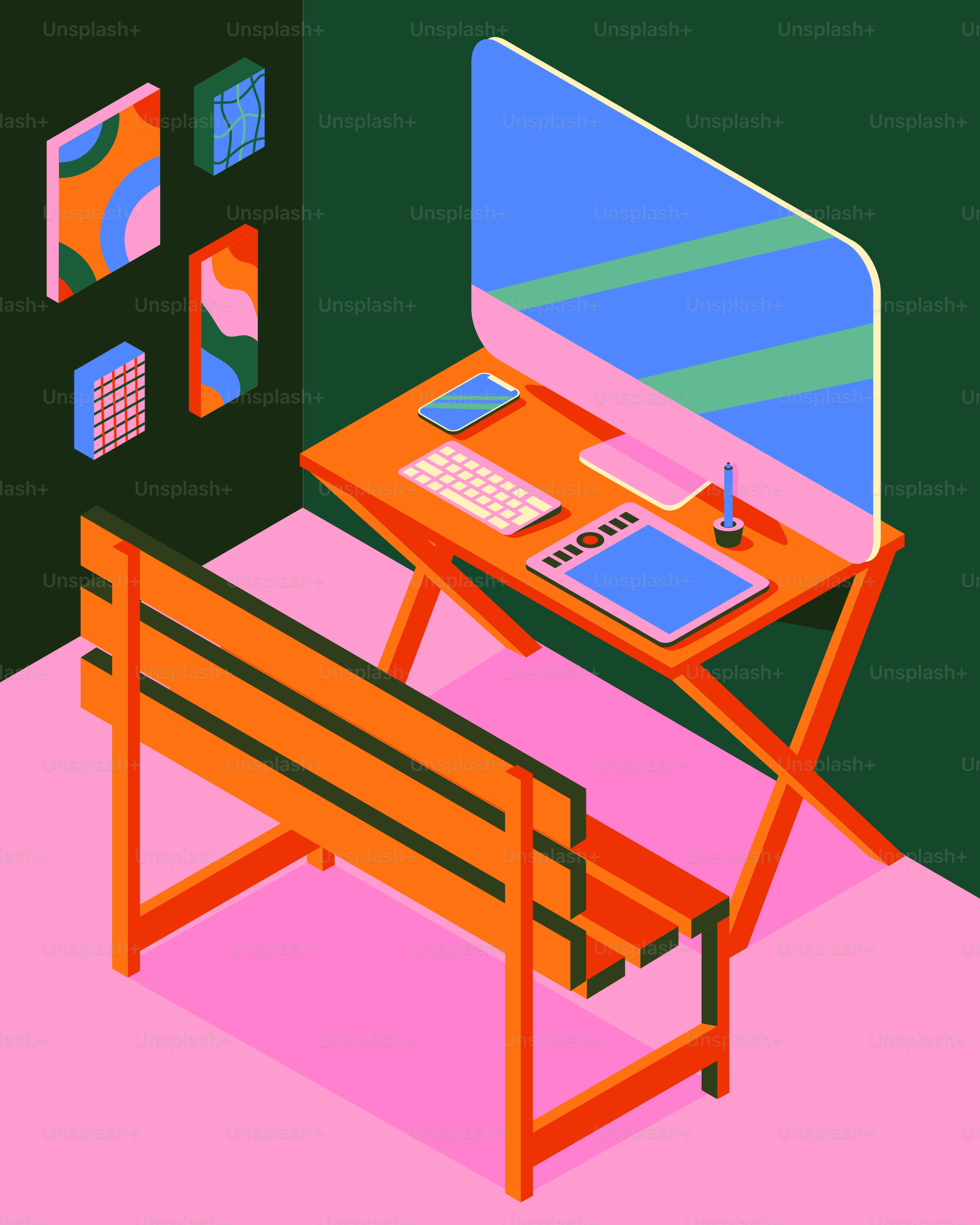 A vibrant workspace with artistic decor is shown. vector – Office Image ...