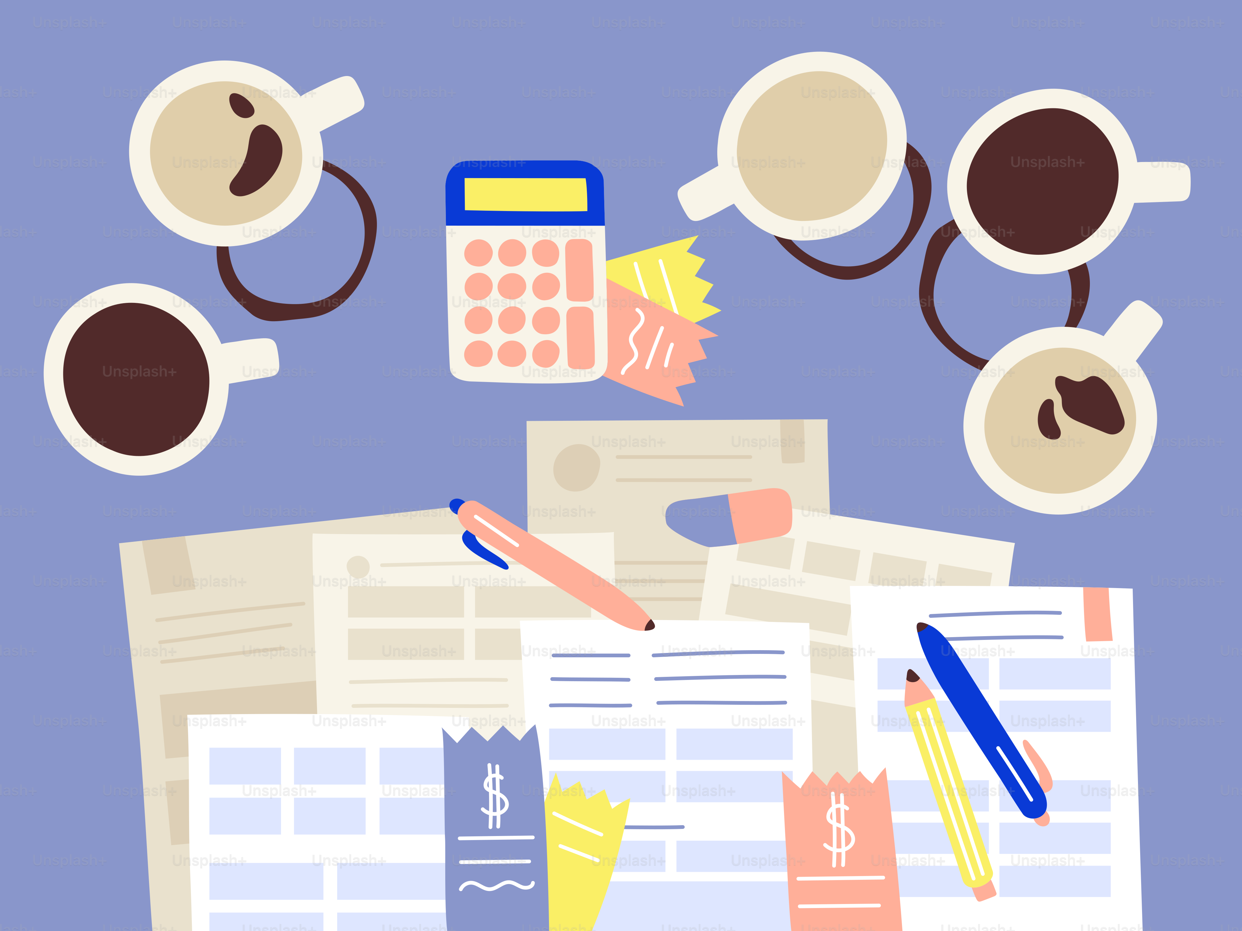 Coffee, receipts, and bills: a stressful financial day. vector – Coffee ...