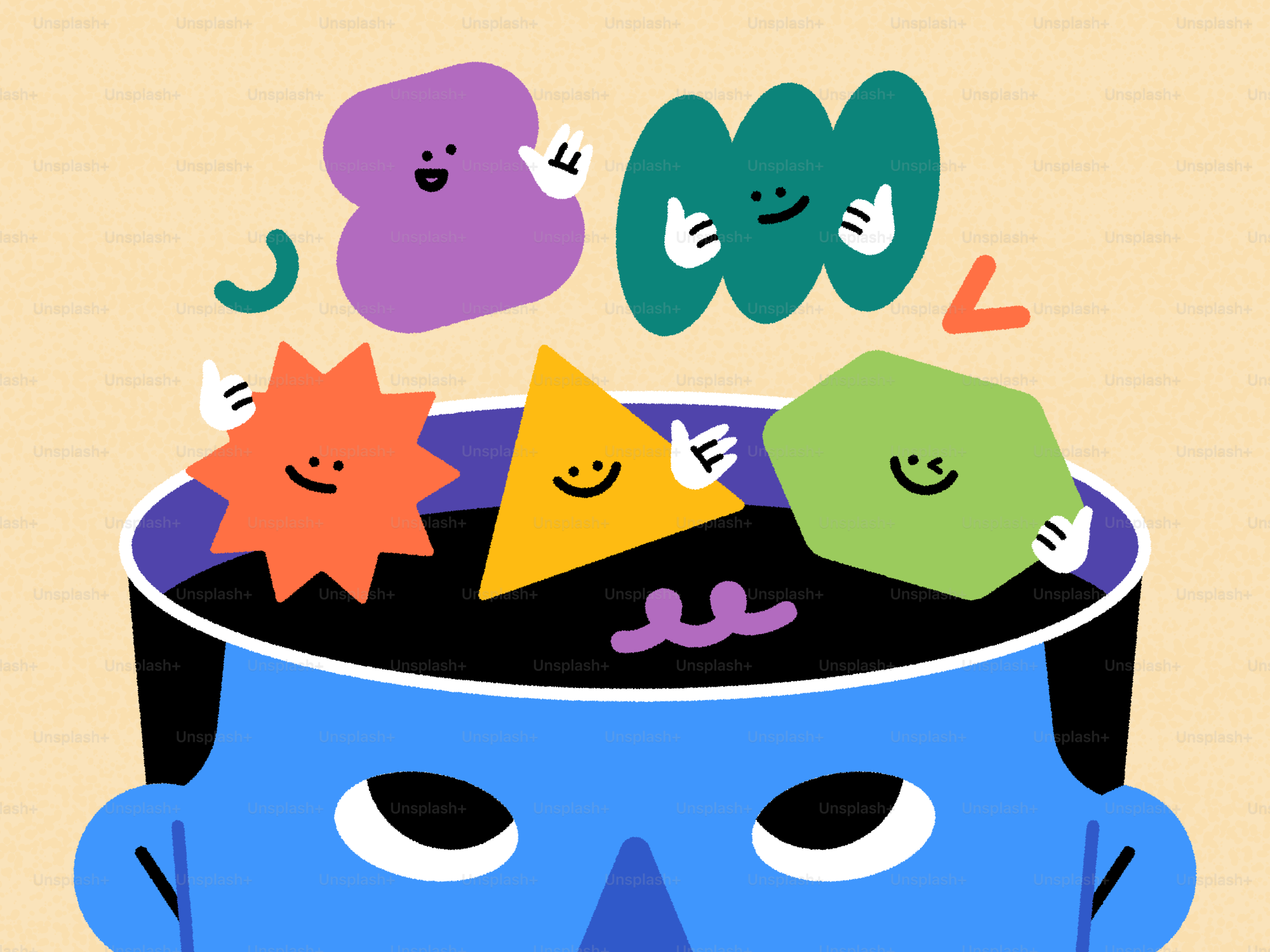 Smiling shapes float from inside a person's head. vector – Brain Image ...