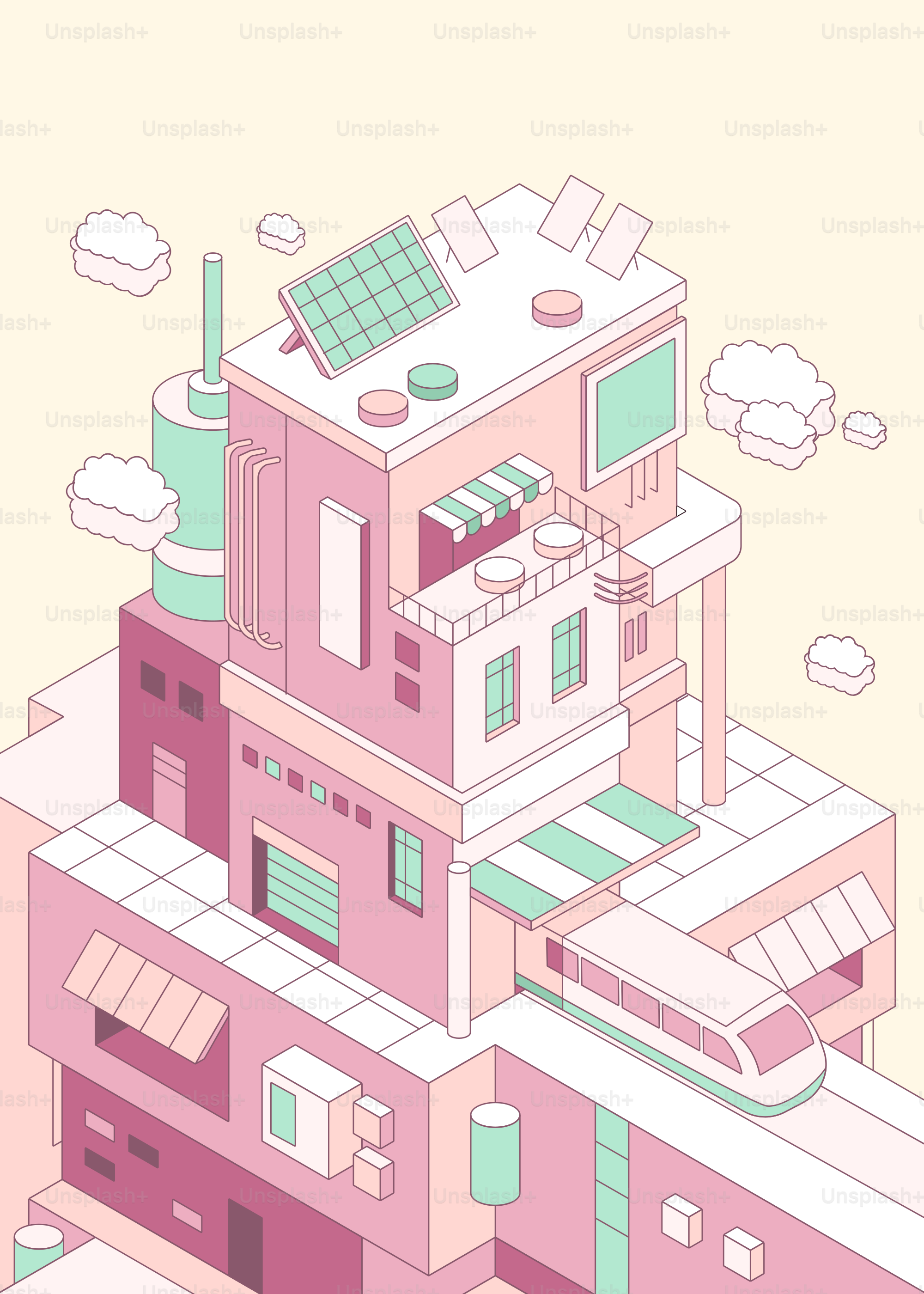 Vektor Sebuah bangunan modern dengan kereta api yang melaju di ...