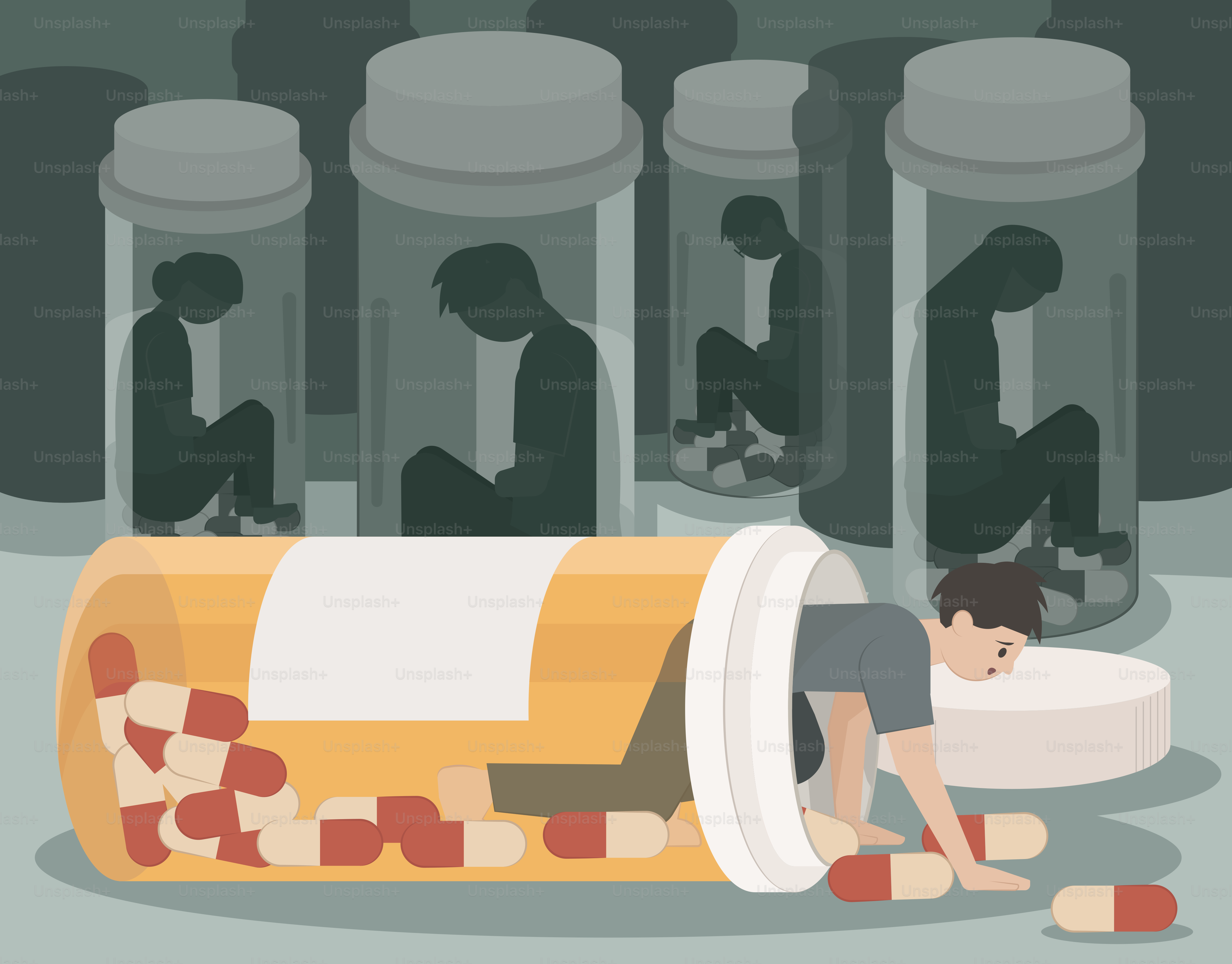 People are trapped in pill bottles, symbolizing addiction. vector ...