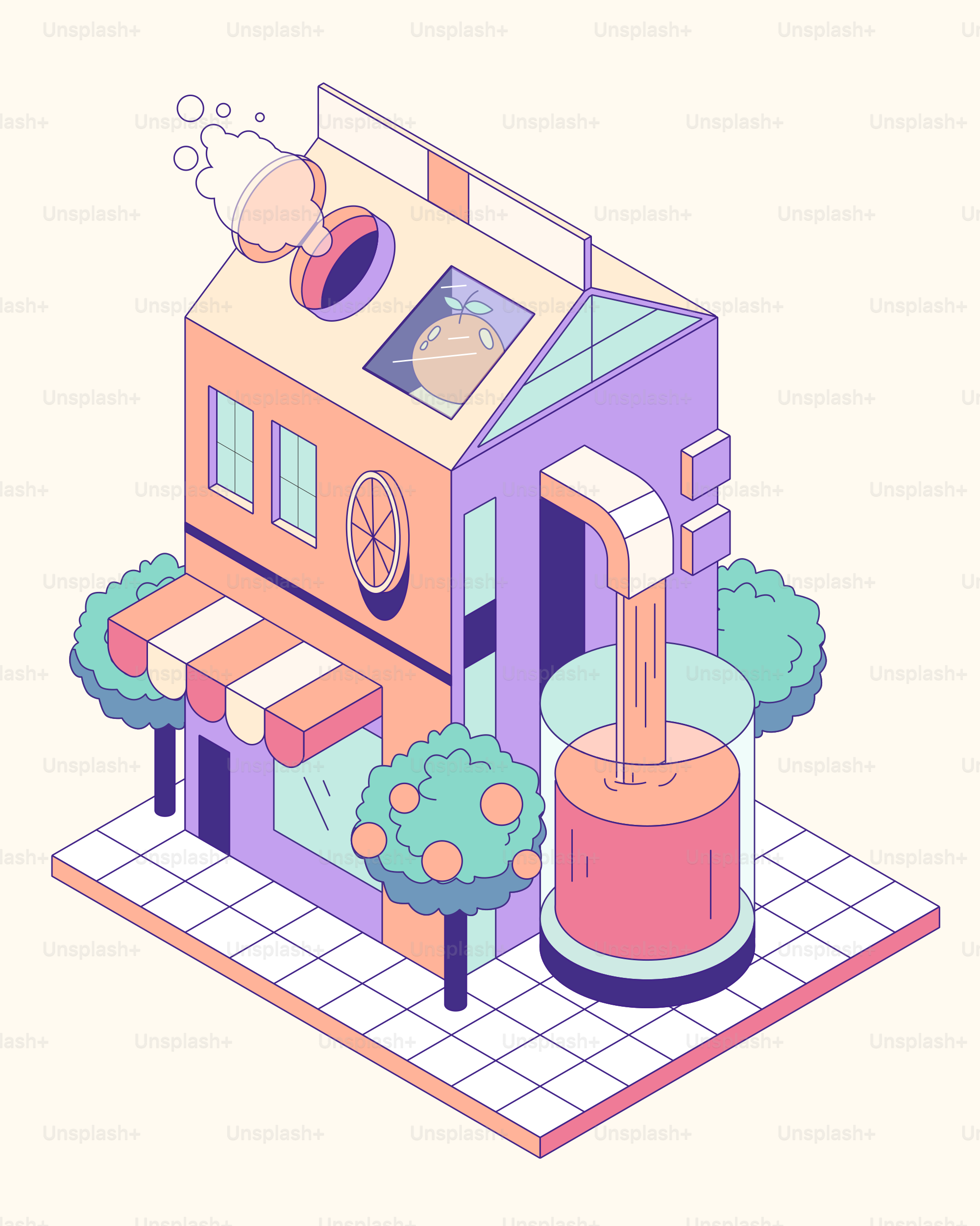 Una caricatura caprichosa representa un colorido edificio isométrico ...