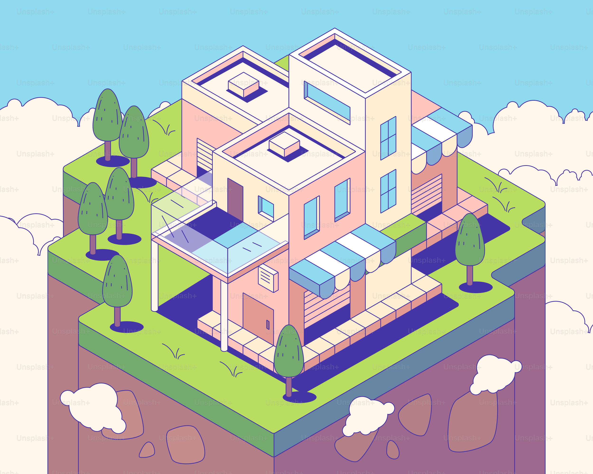 Una caricatura caprichosa representa un colorido edificio isométrico ...