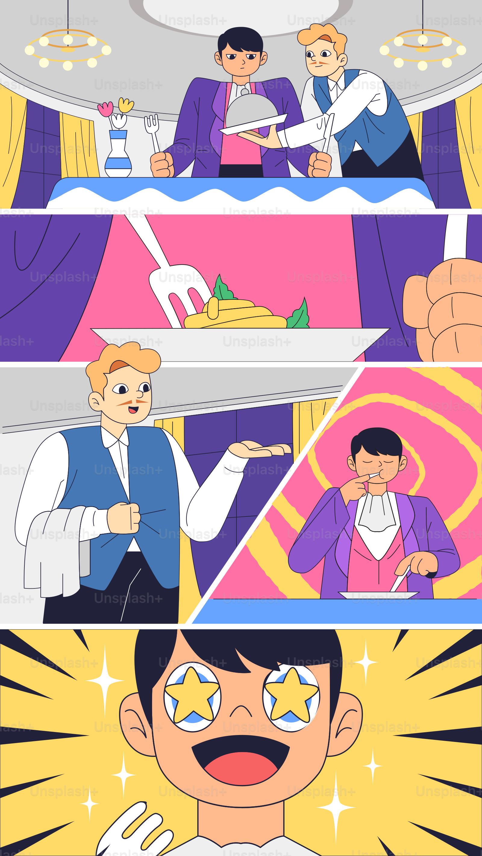 A waiter serves food, leading to delighted customer reaction. vector ...