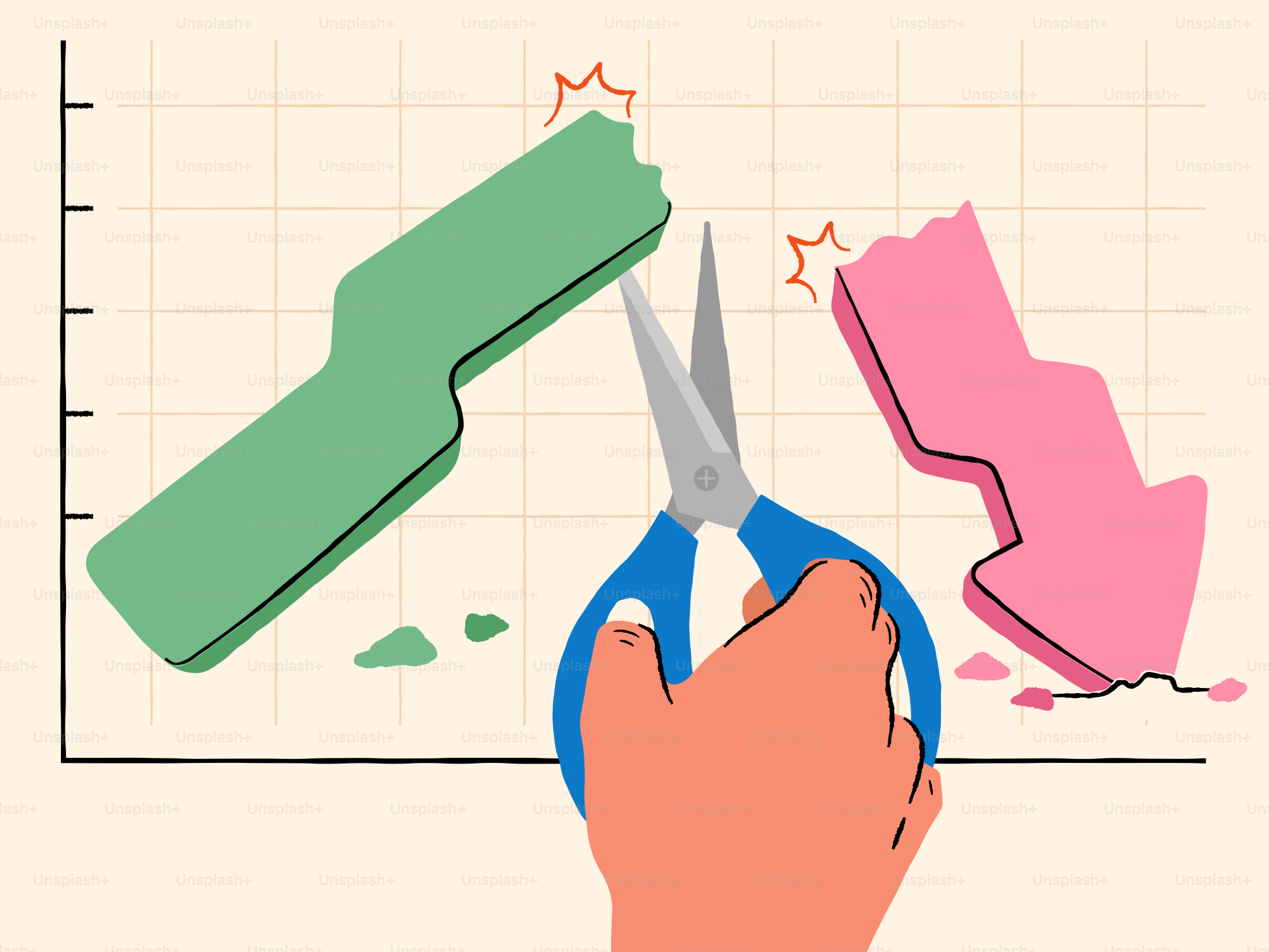 Scissors cutting through financial chart elements. vector ...