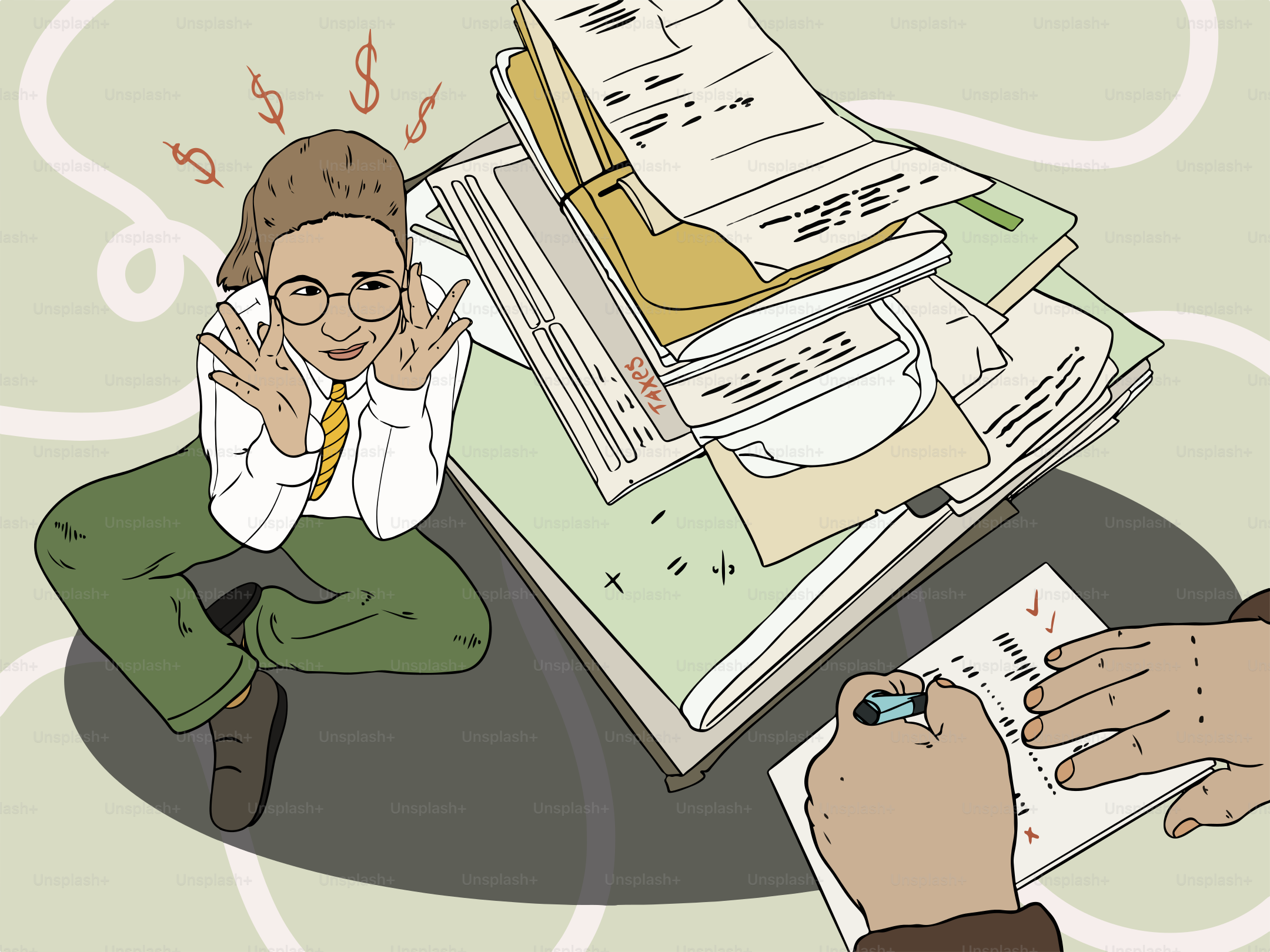 La persona abrumada se enfrenta a un papeleo y deudas enormes. vector ...