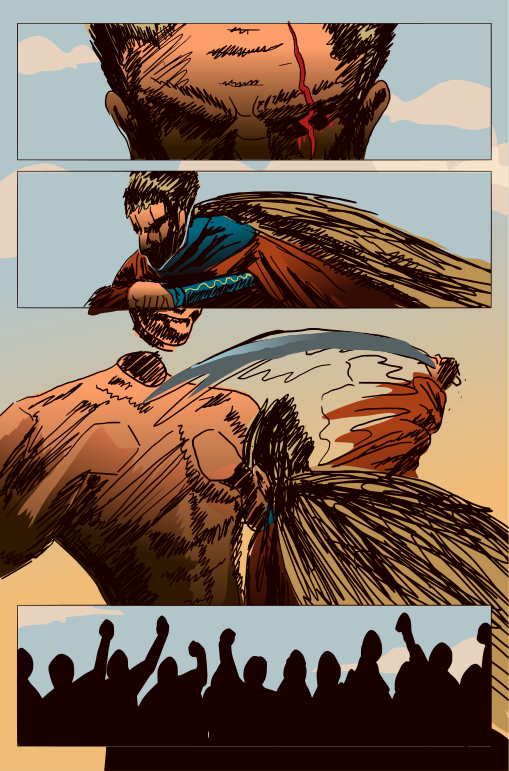 A hero holds a damaged head, with people looking on. vector ...