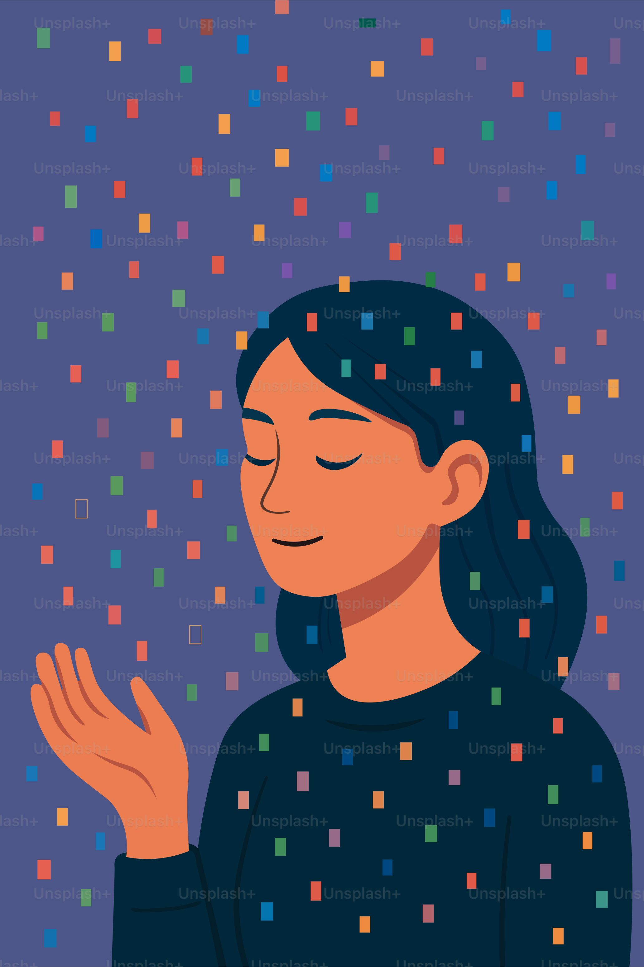 Woman enjoys colorful squares falling from above. vector – Abstract ...