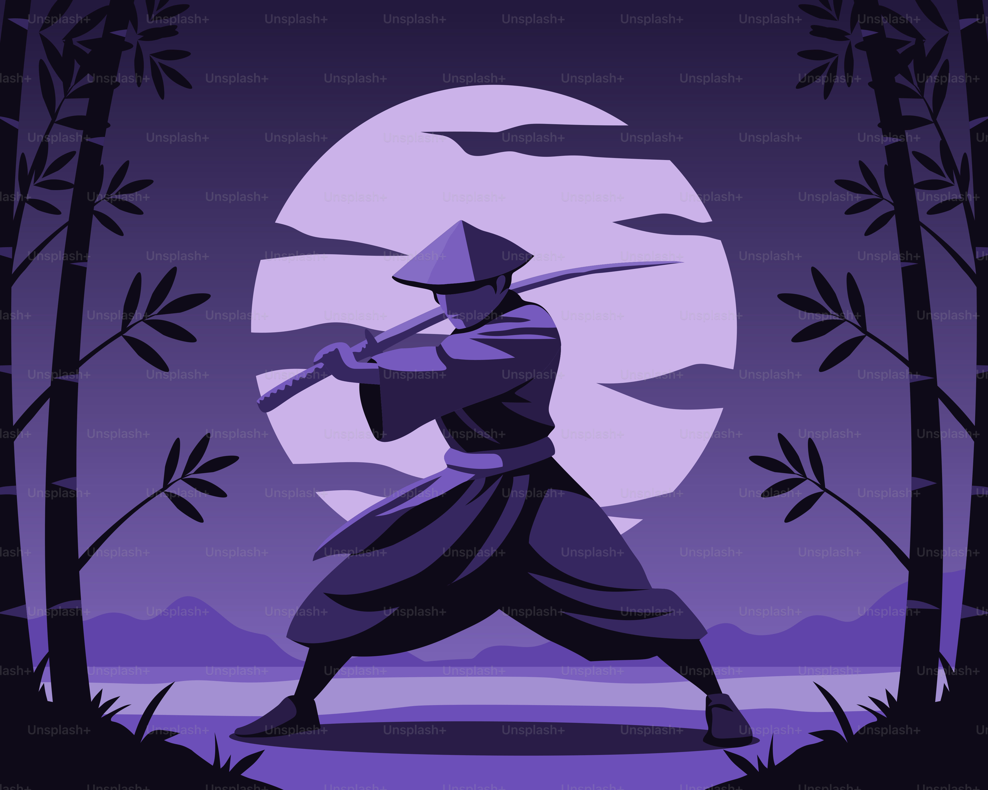 Vektor Seorang ninja berdiri dengan katana saat senja. – Gambar Hitam ...