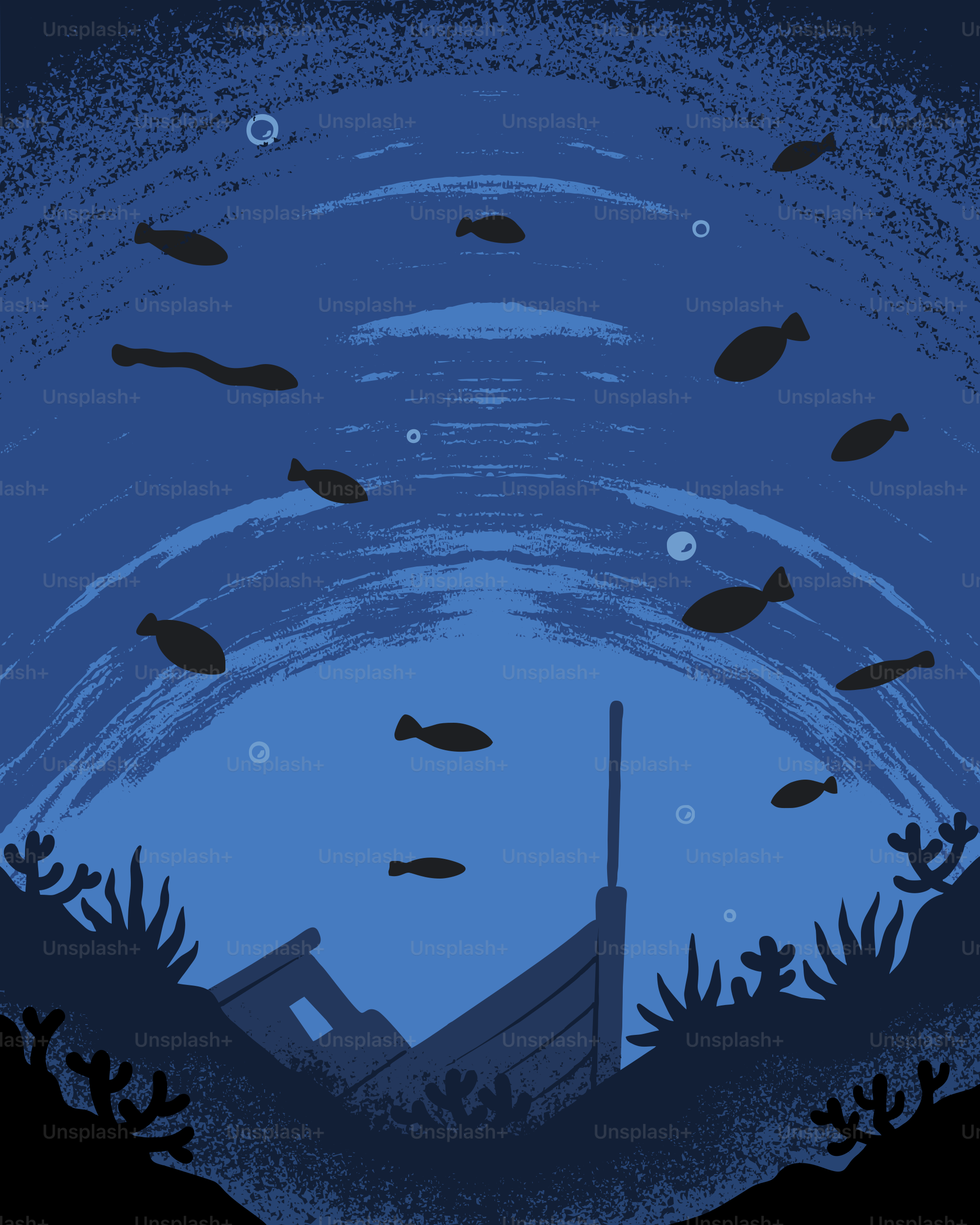 A sunken ship surrounded by fish in deep blue water. vector – Dark ...