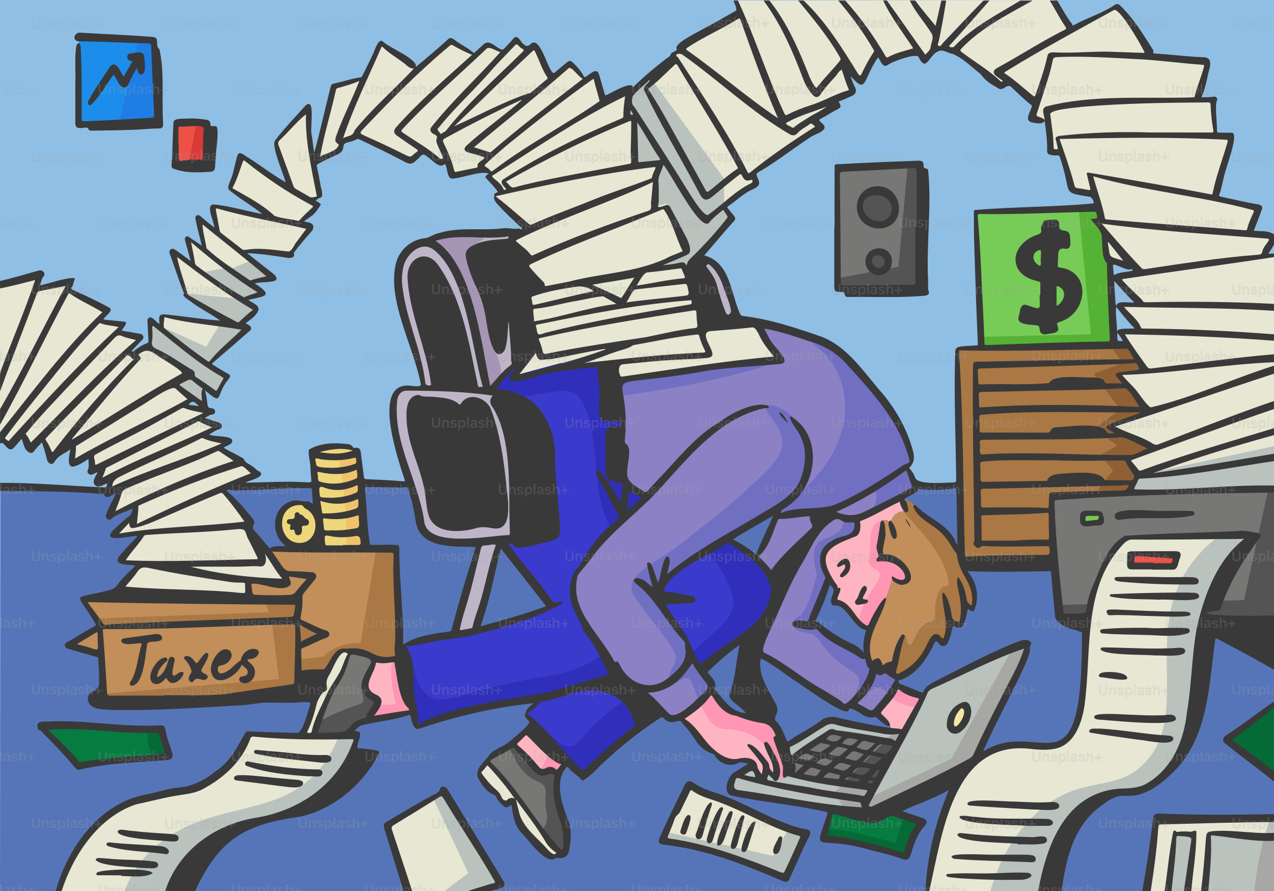 Overwhelmed person is drowning in paperwork. vector – Office Image on ...