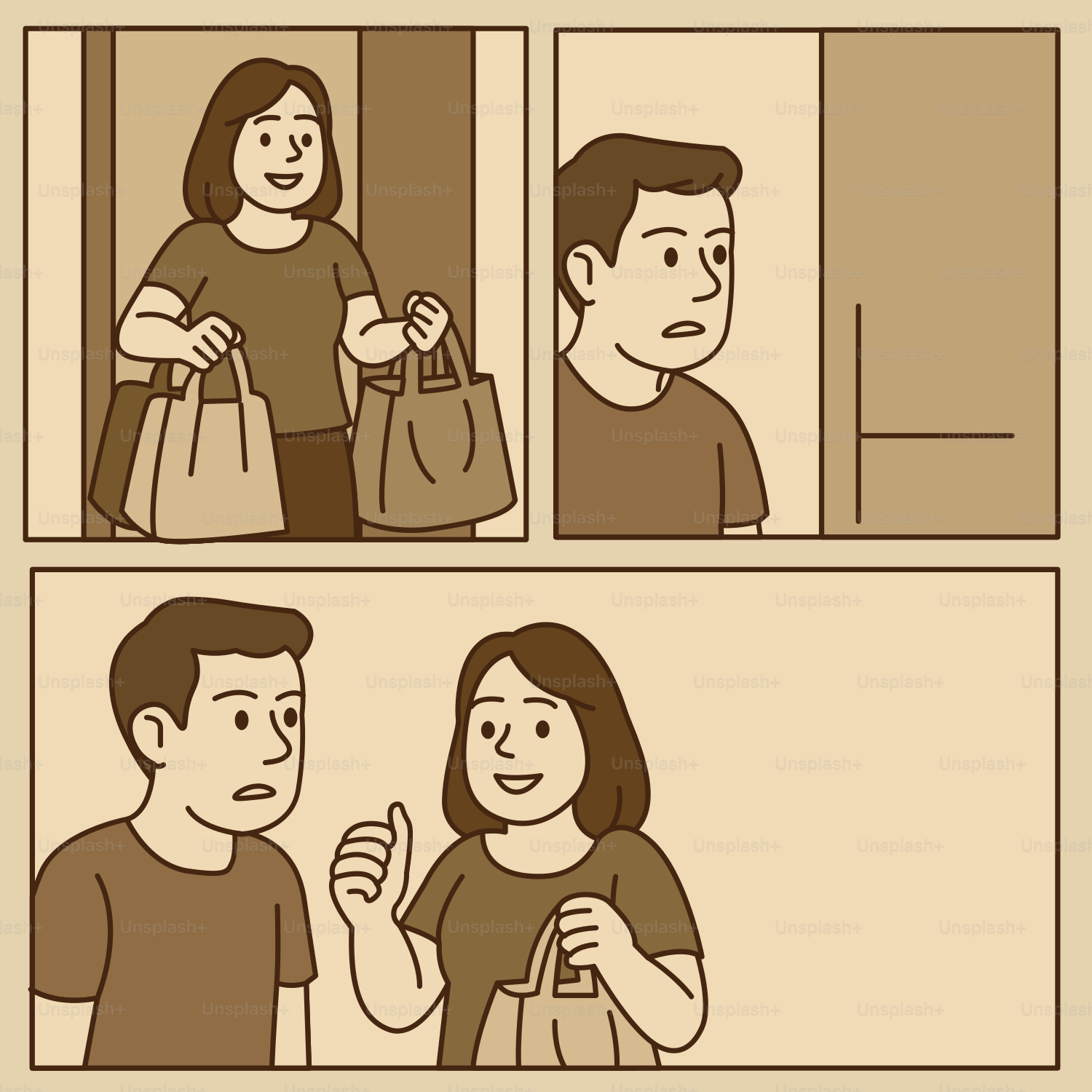 A woman returns with groceries, surprising a man. vector – Family Image ...