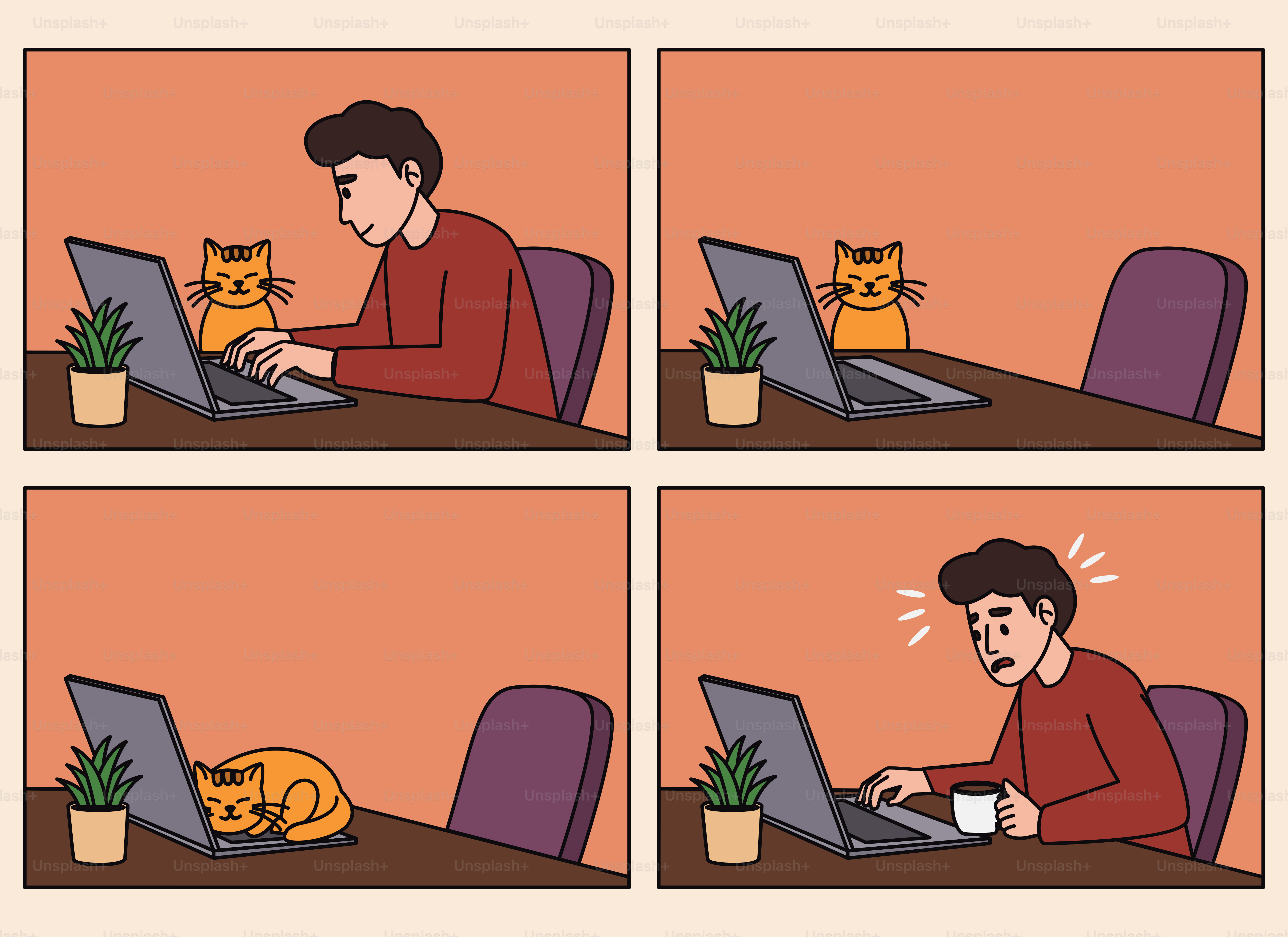 Cat naps on laptop while owner is working. vector – Illustration Image ...