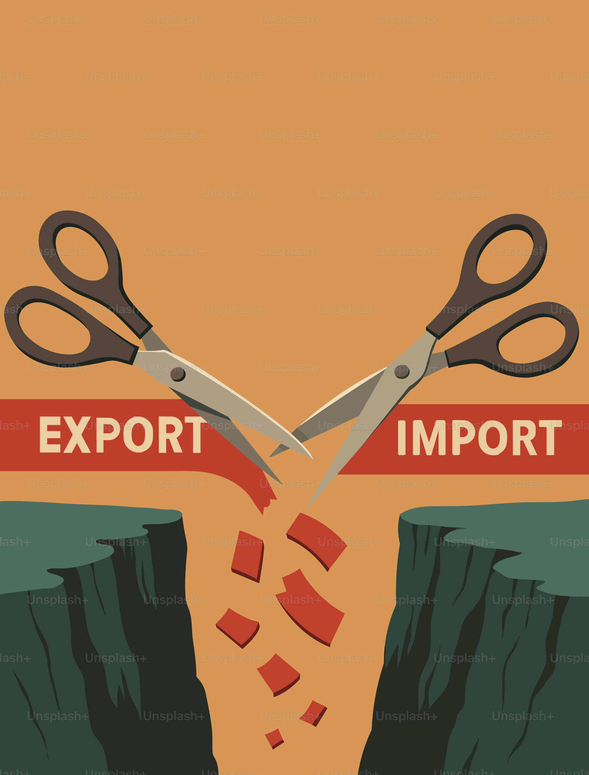 Scissors cut "export" and "import," creating a divide. vector – Money ...