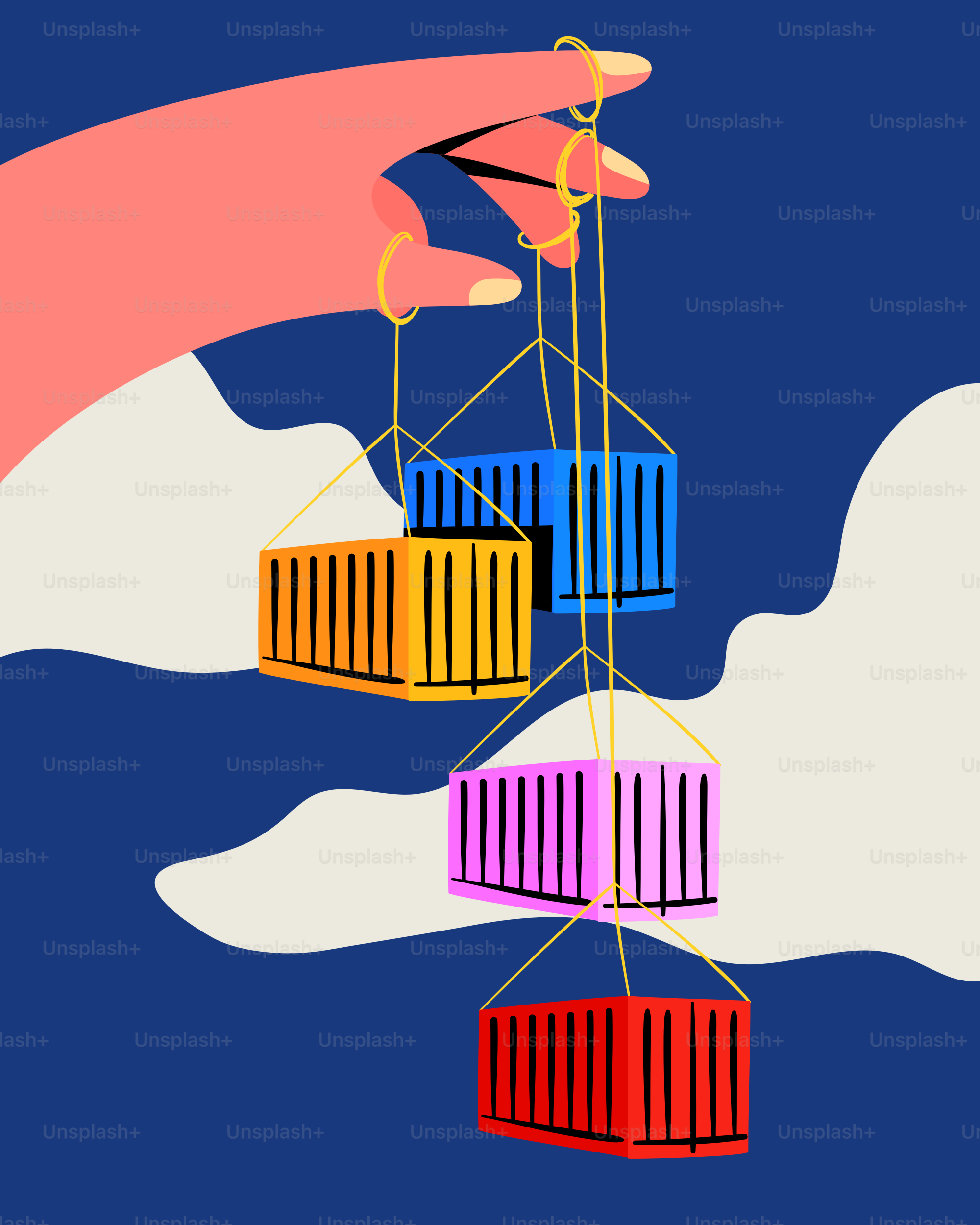 A hand holds shipping containers attached by strings. vector – Trading ...