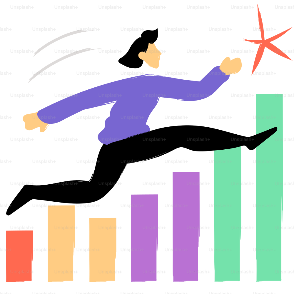 Una persona salta sobre un gráfico de barras hacia una meta. vector ...