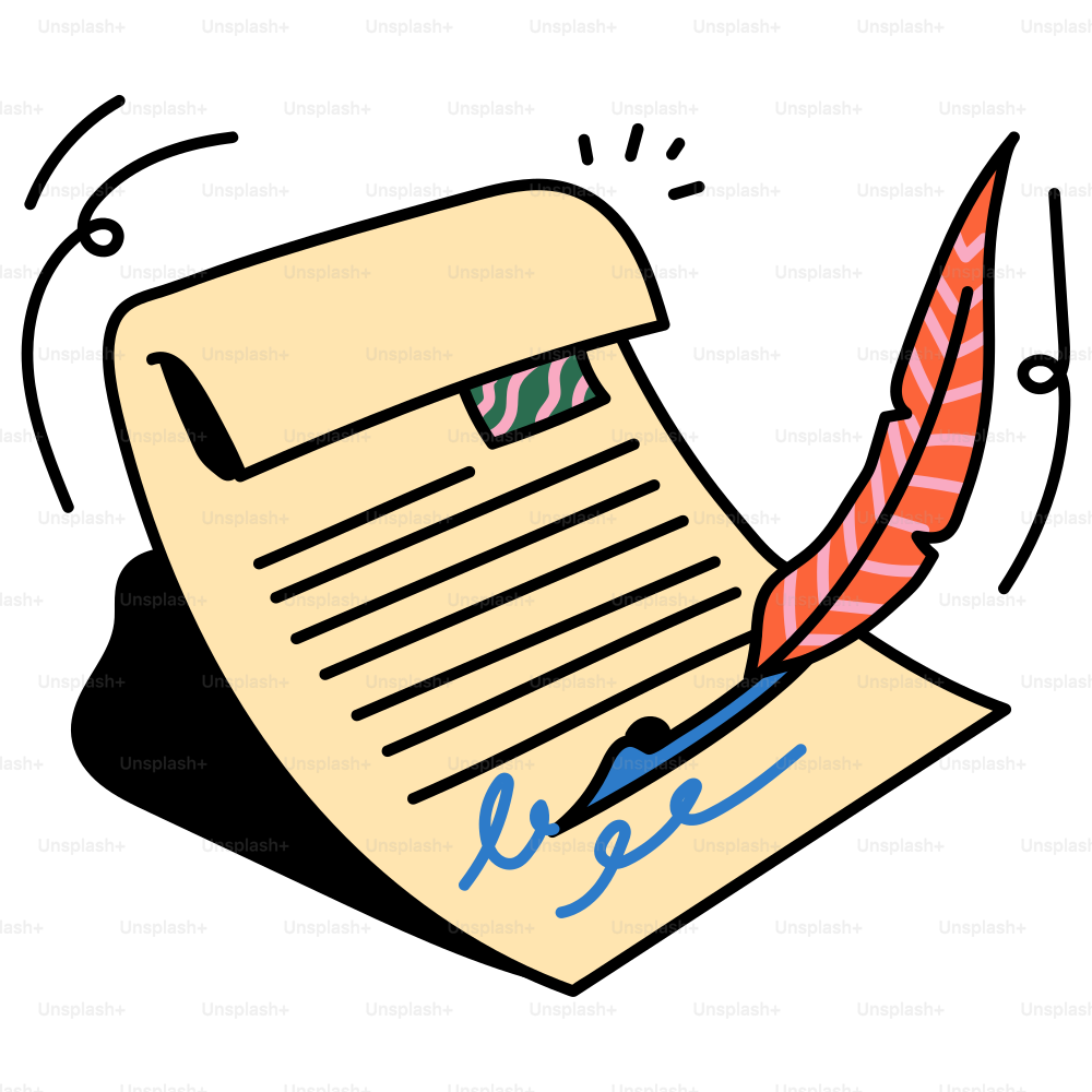 Vektor Bulu bulu menulis pada dokumen dengan tanda tangan. – Gambar ...