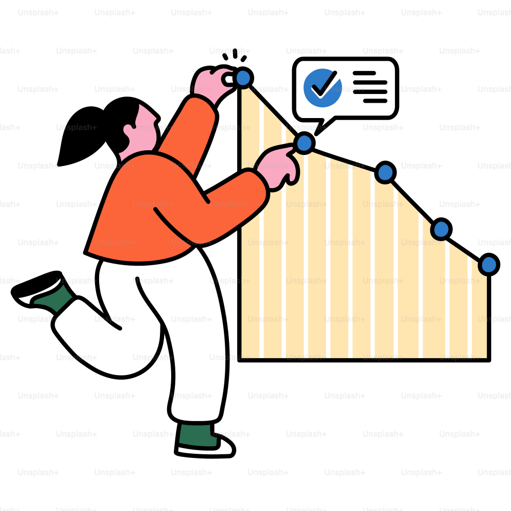 Vektor Wanita menganalisis grafik menurun dengan tanda centang ...