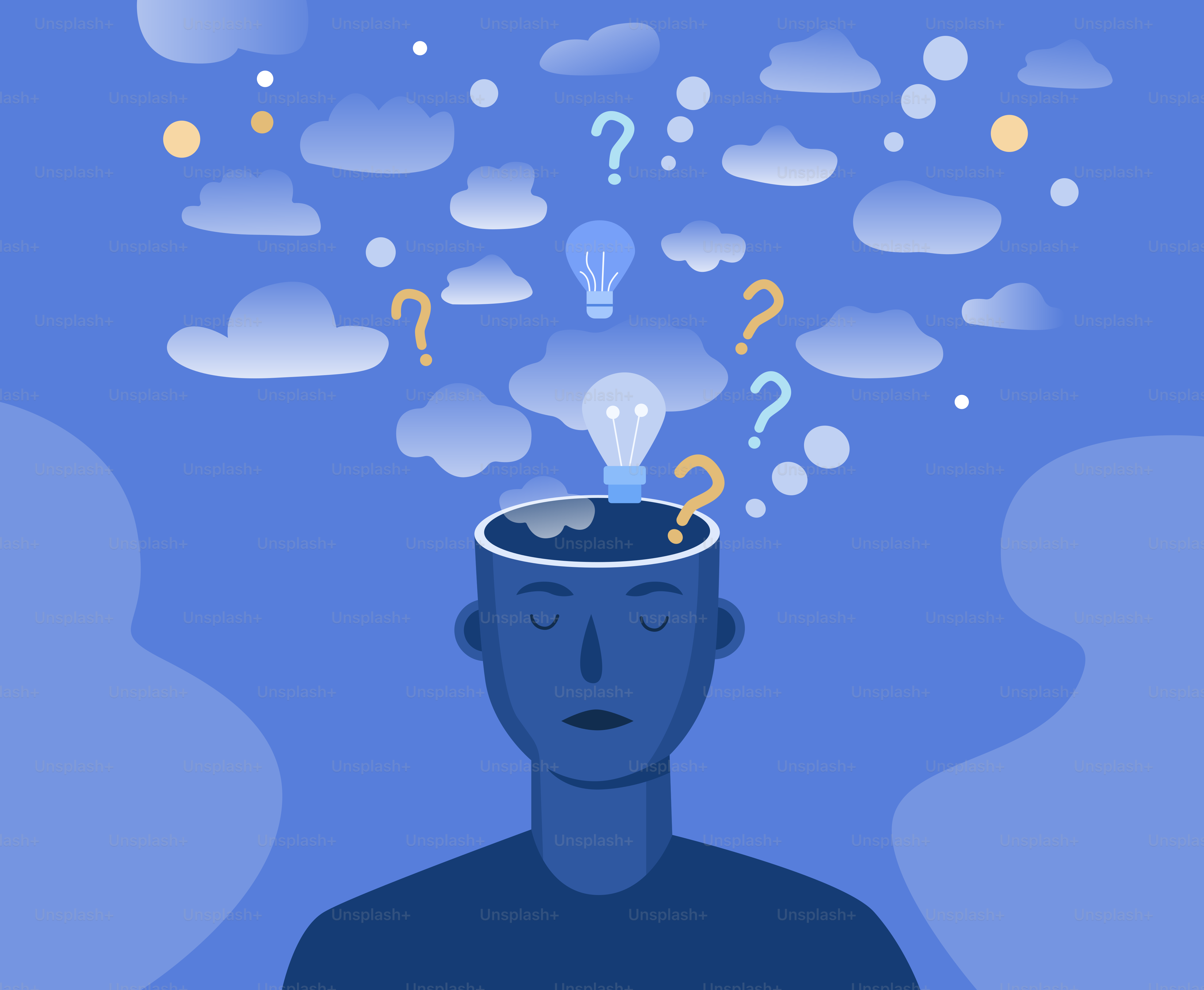 Thoughts, questions, and ideas are swirling in a mind. vector – Human ...