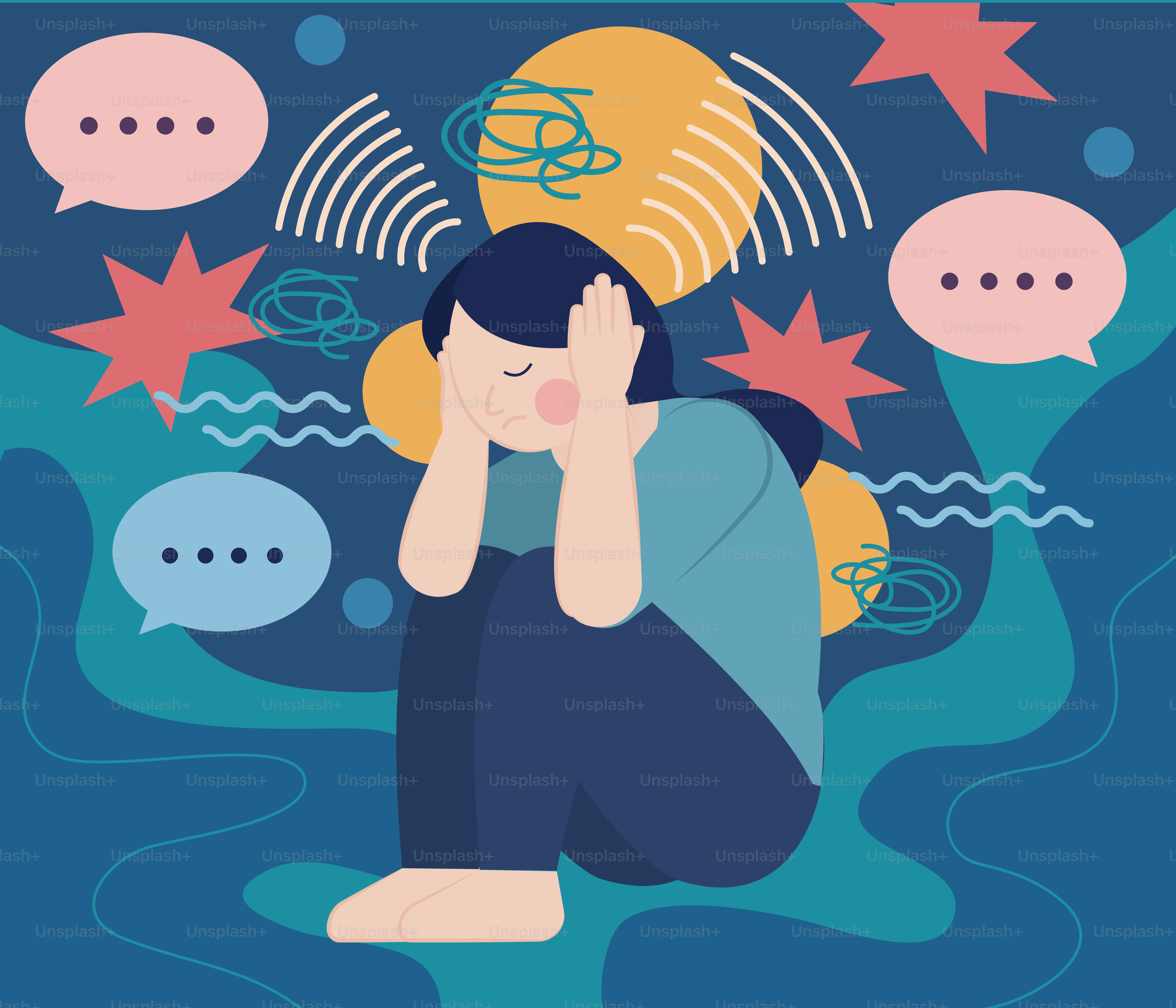 Sentirse abrumado por los pensamientos y el ruido. vector – Imagen de ...