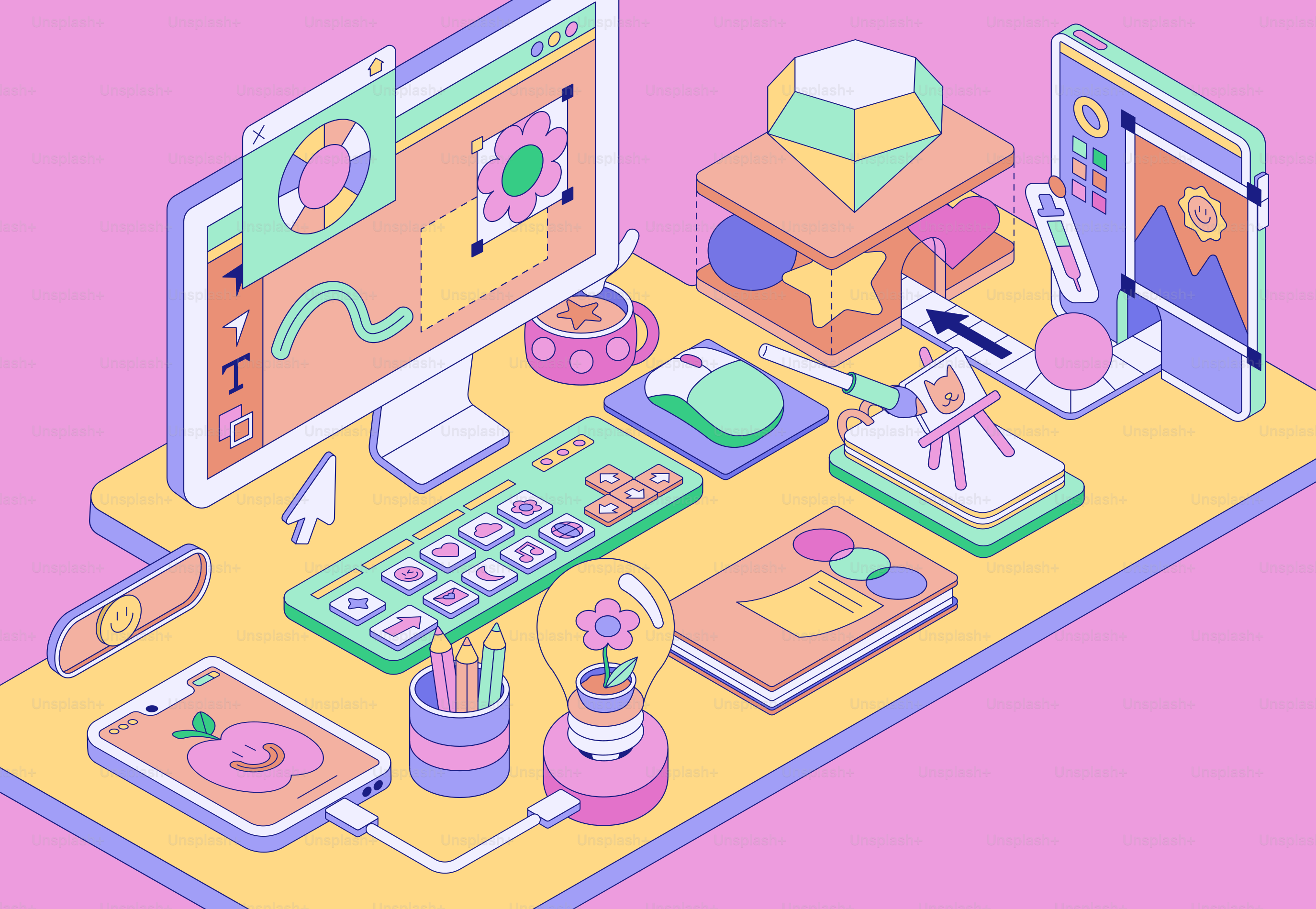 A graphic designer's colorful and organized workspace. vector ...