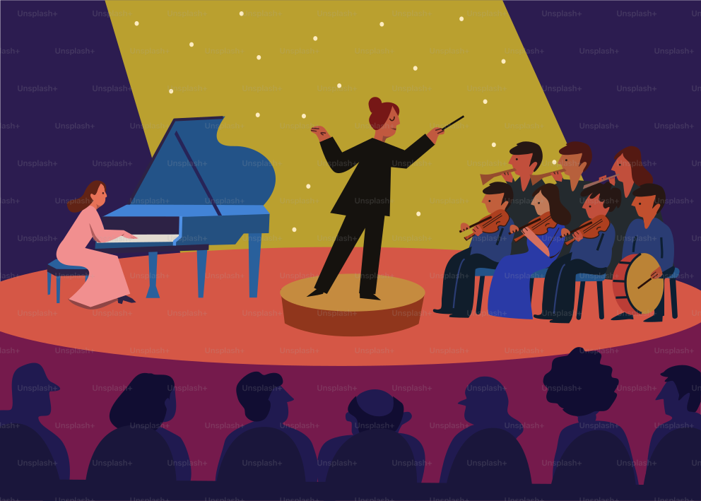 Un director de concierto dirige una orquesta. vector – Imagen de Música ...