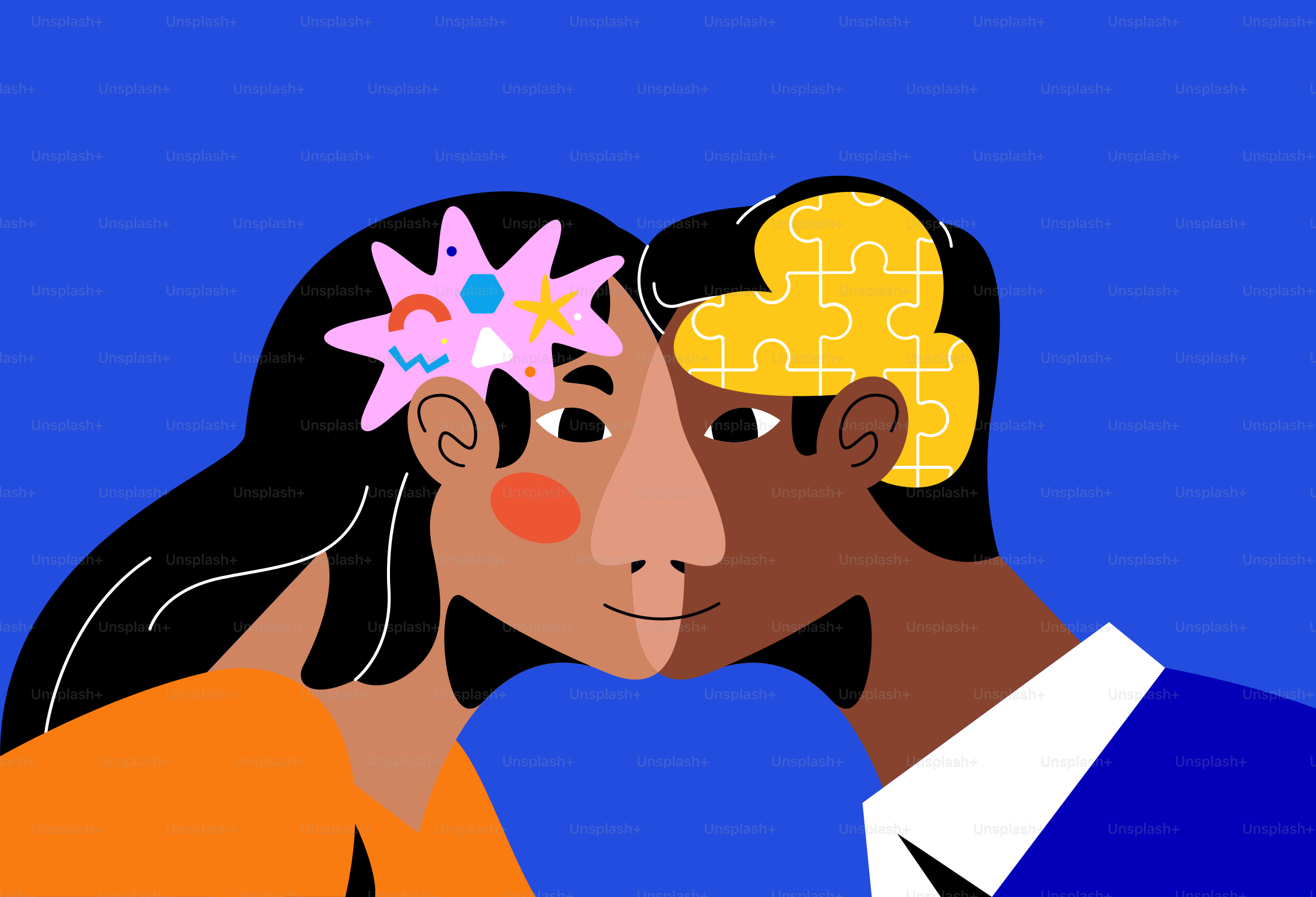 Two people connect and show different brain styles. vector ...