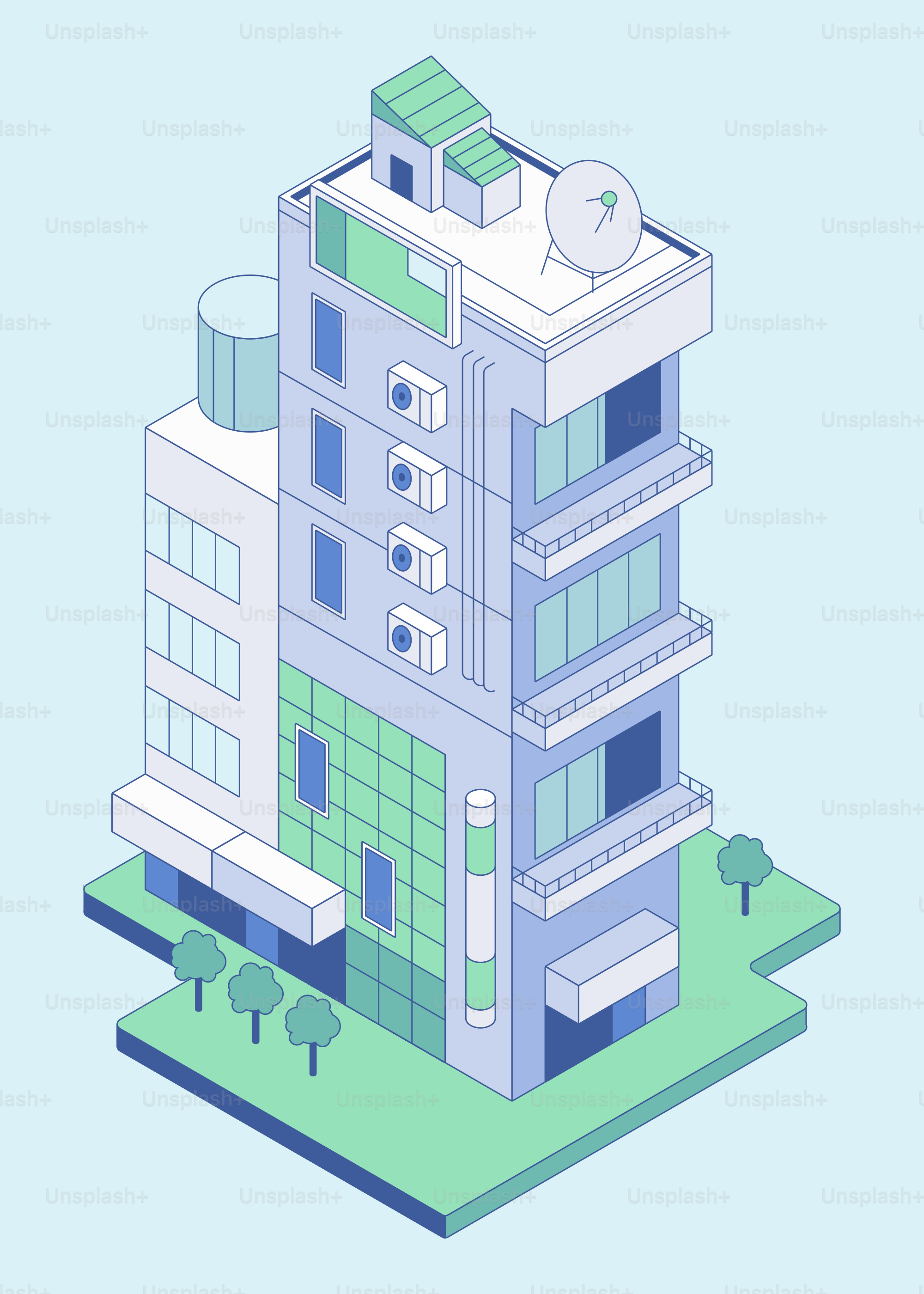 A modern isometric building on a light blue backdrop. vector – City ...
