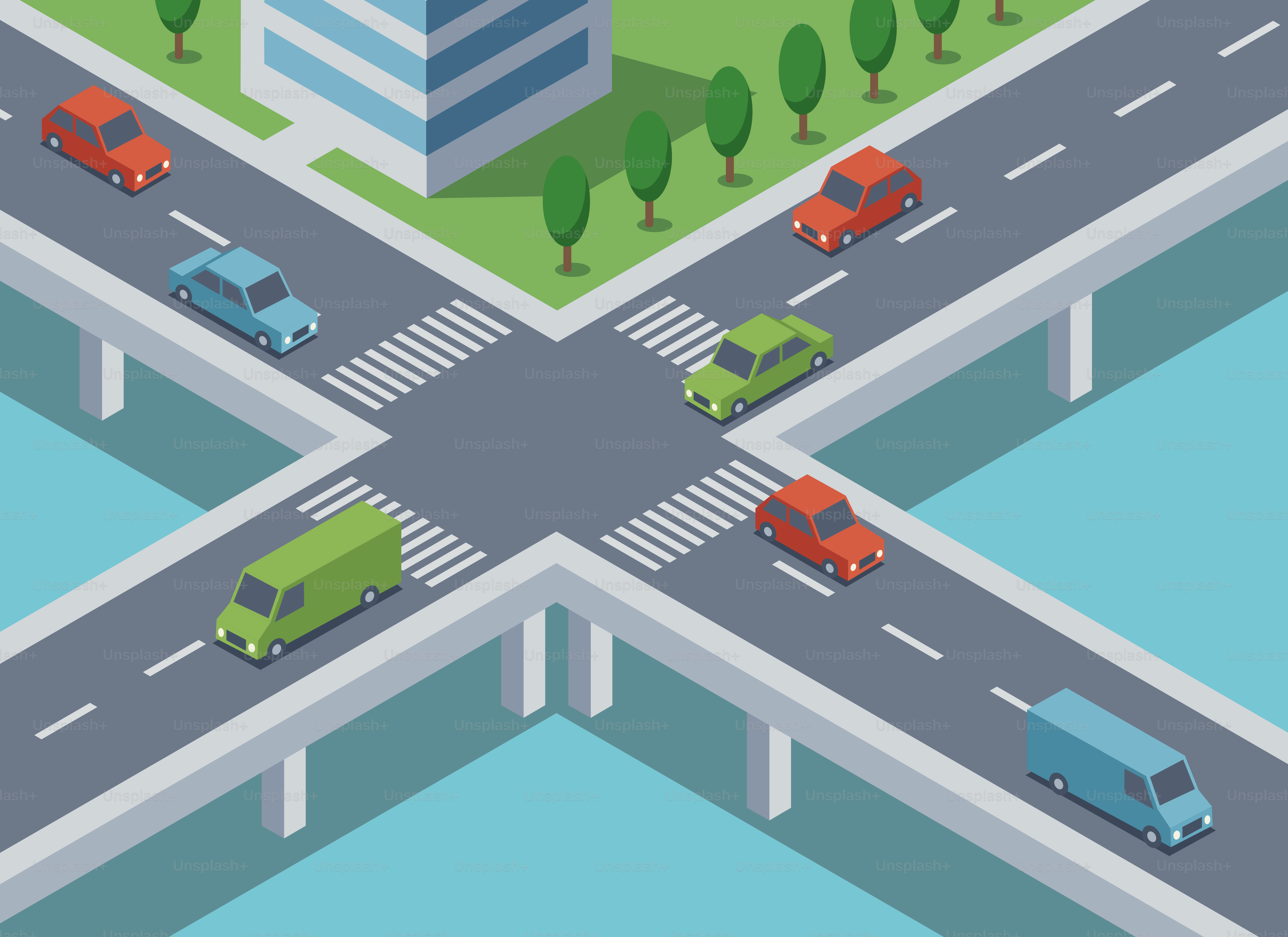Cars drive on a multi-level intersection in the city. vector – Building ...
