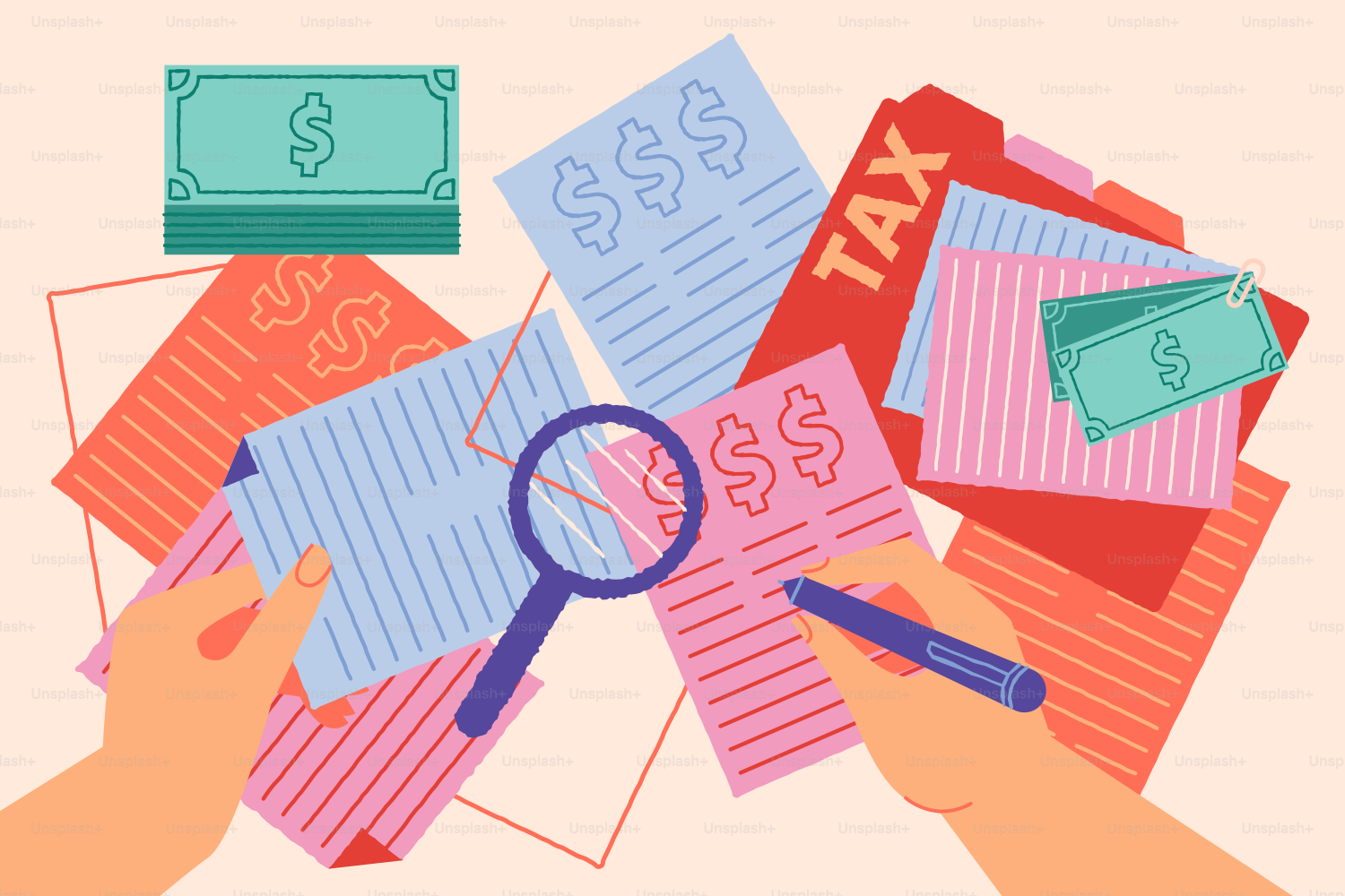 Filing taxes: looking at documents and money. vector – Money Image on ...