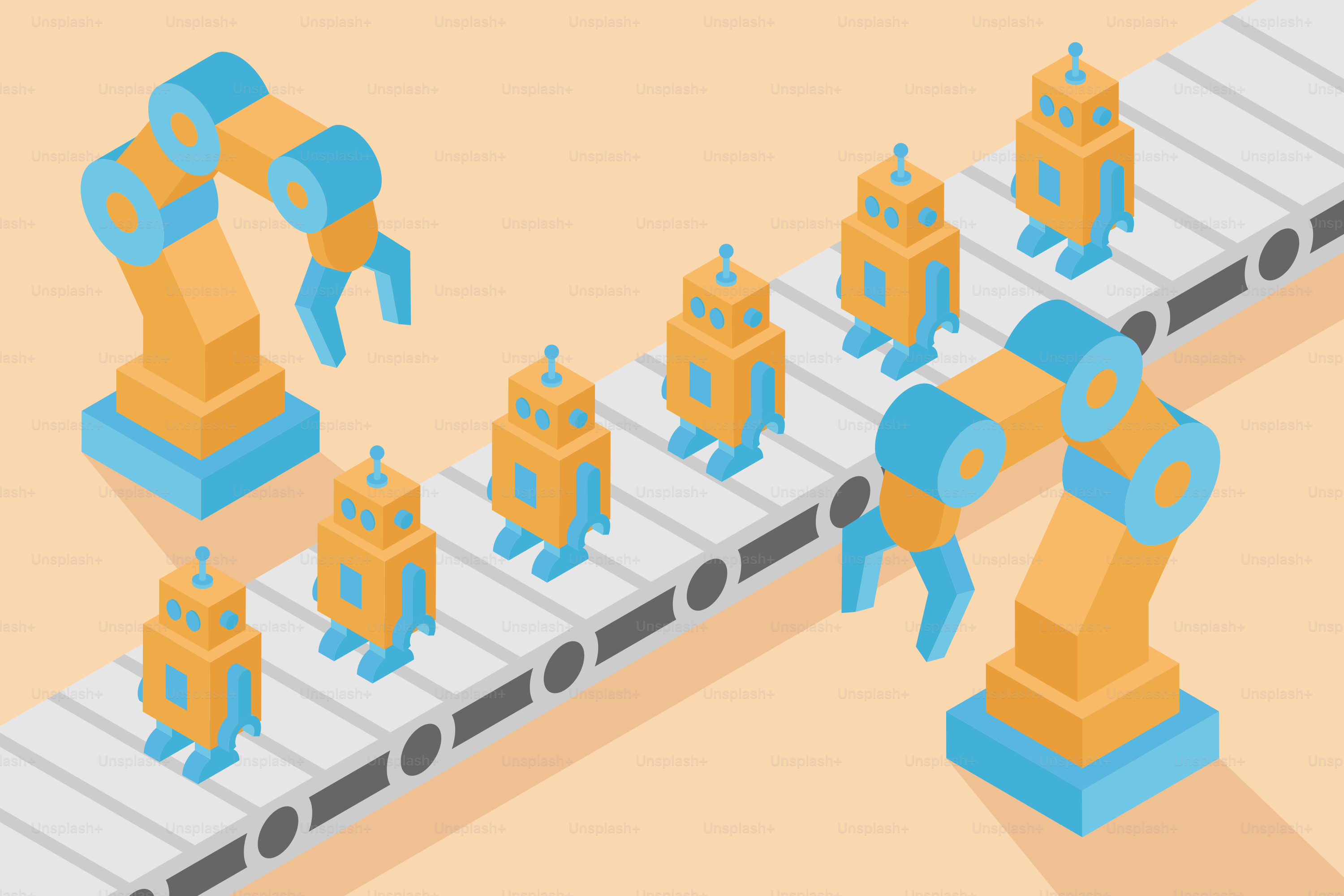 Robots are being assembled on an automated assembly line. vector ...