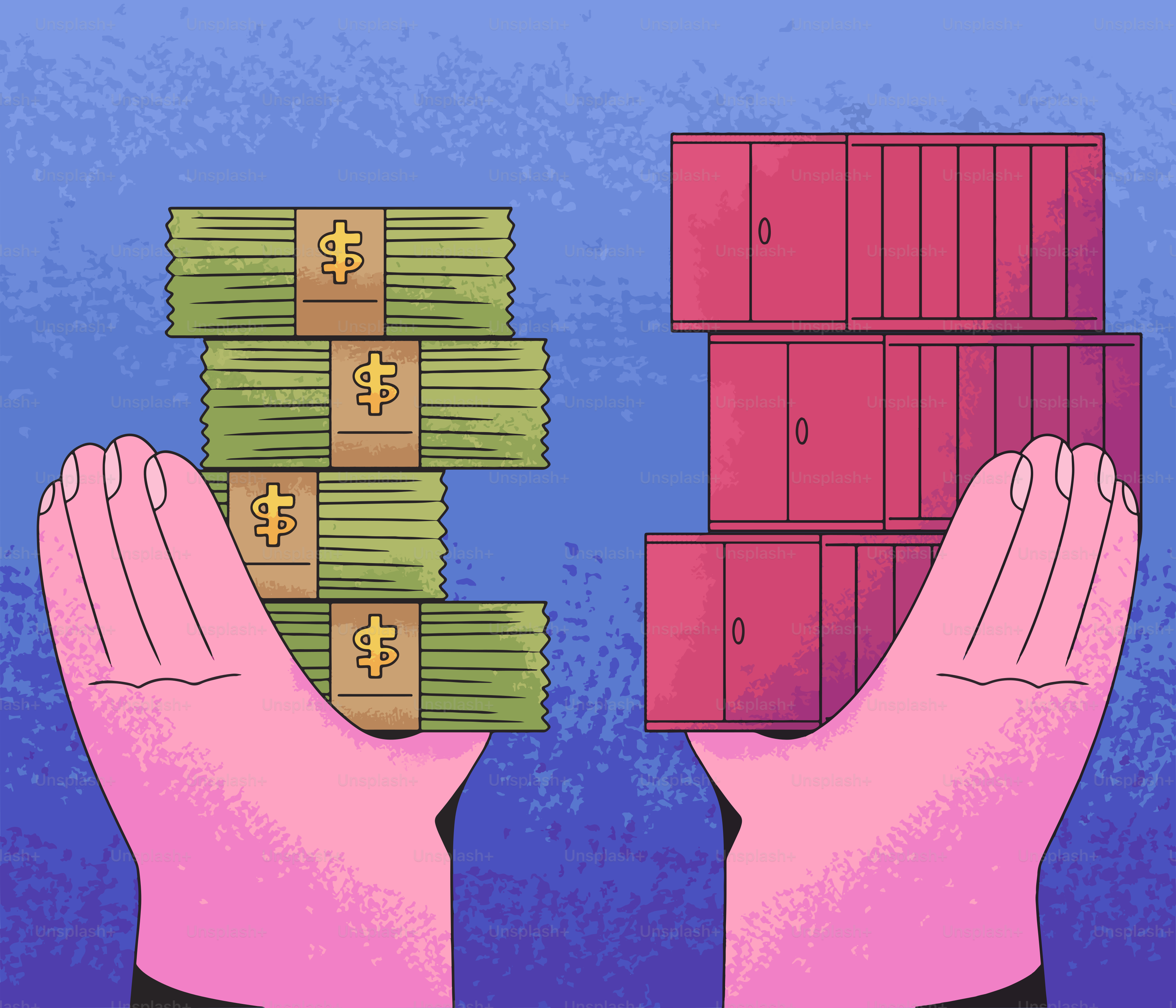 Money and goods held in comparison by hands. vector – Trading Image on ...