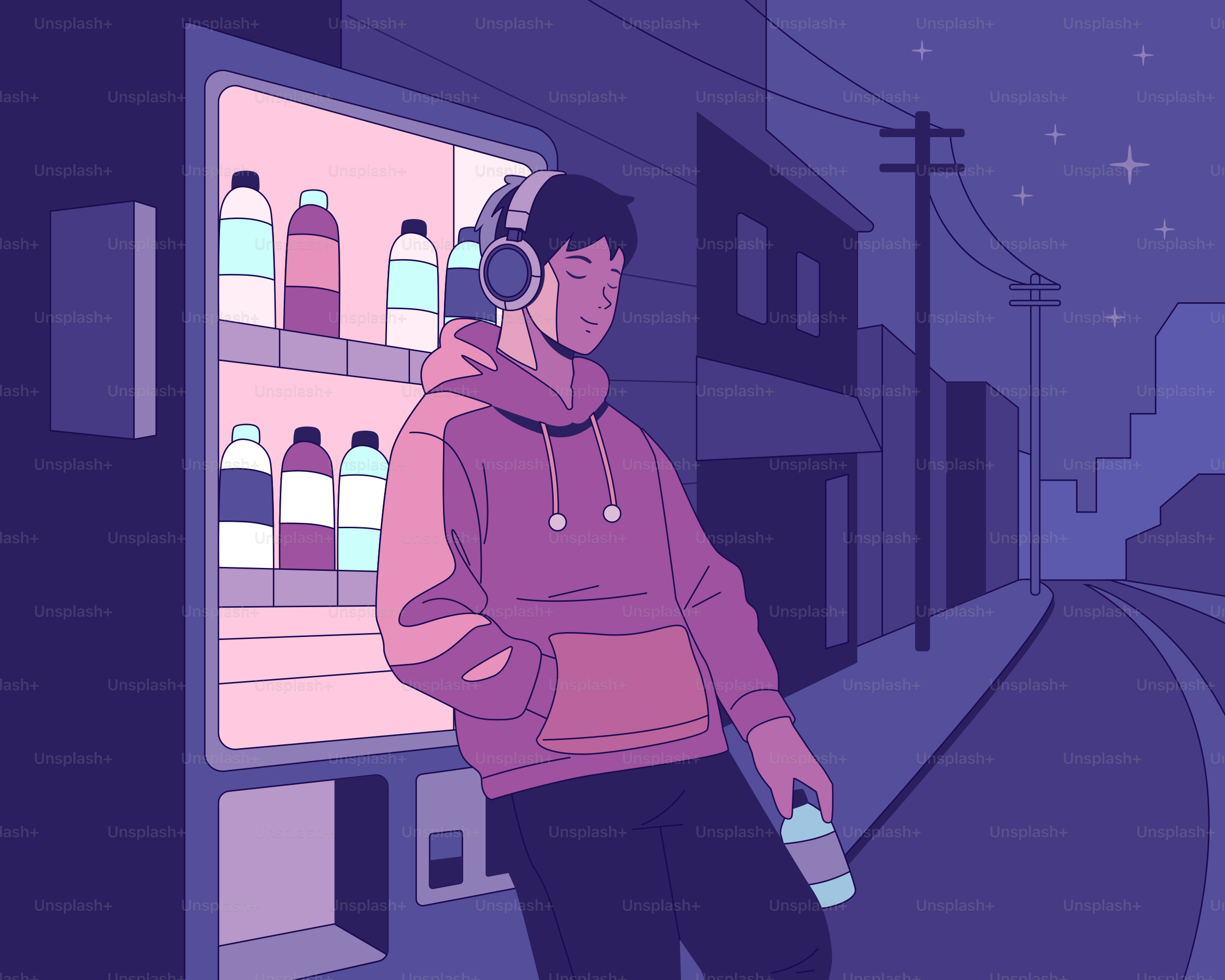 Person listening to music at a vending machine. vector – Illustration ...