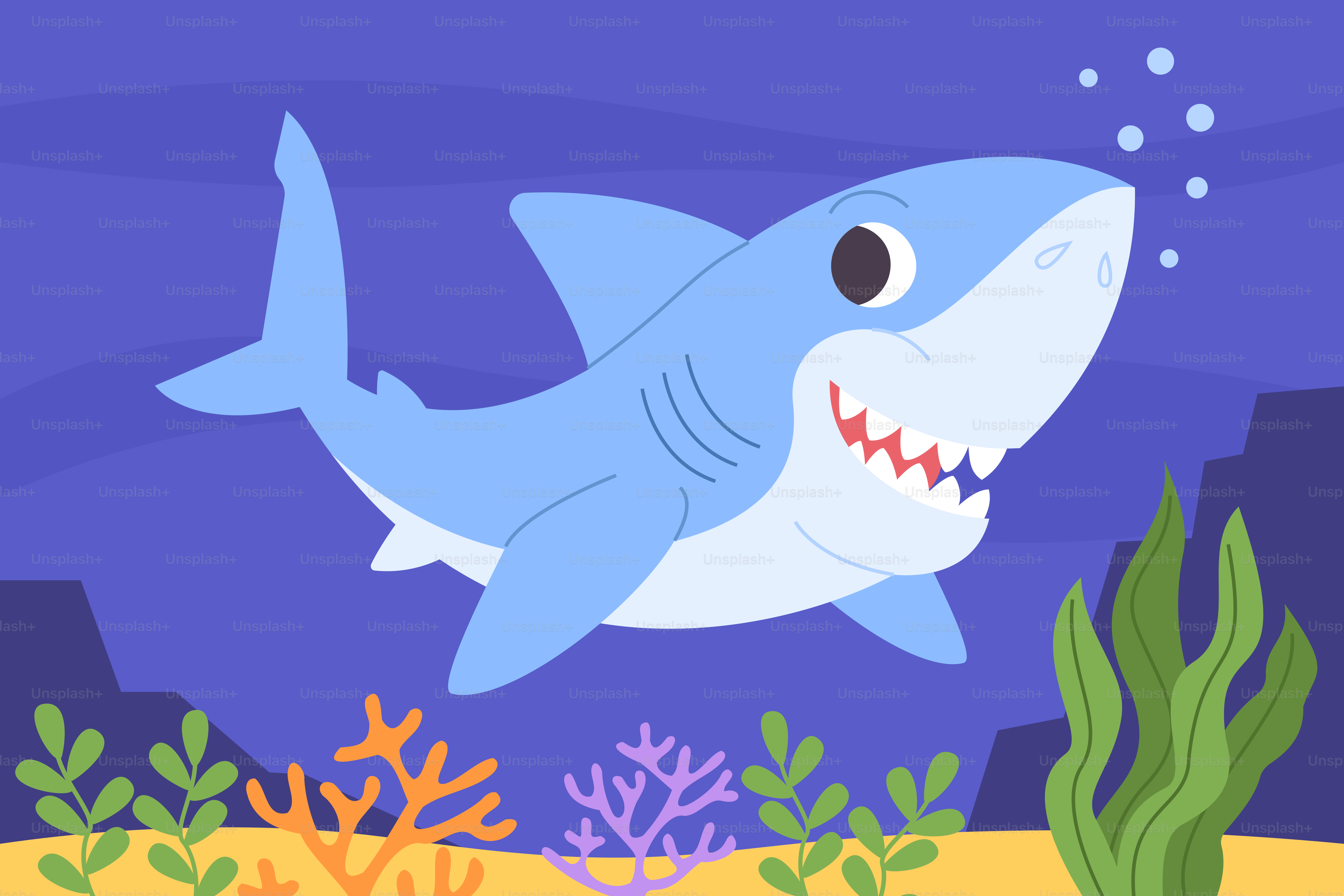A cheerful cartoon shark swims in the ocean. vector – Animal Image on ...