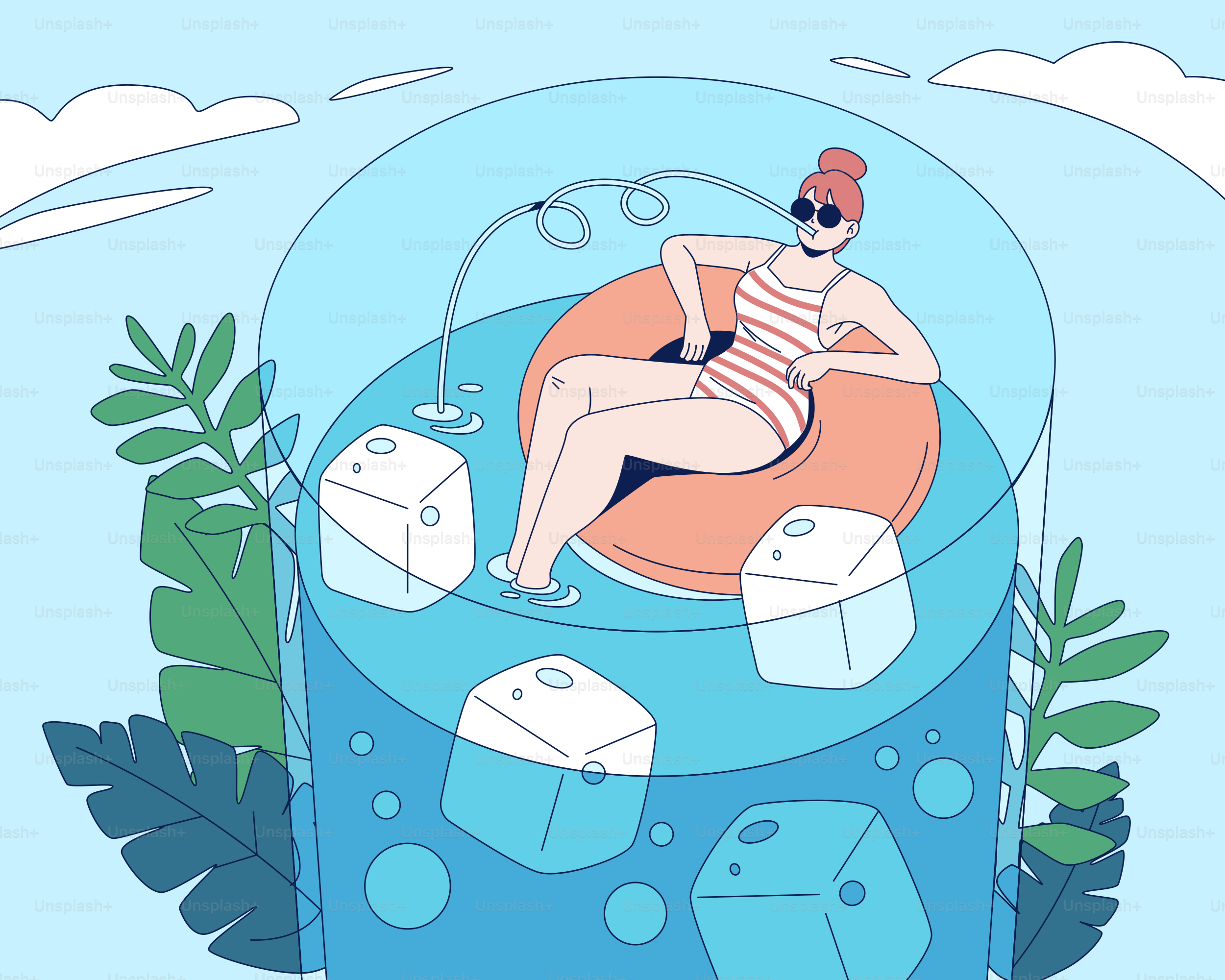 A woman relaxing in a refreshing, icy drink. vector – Background Image ...