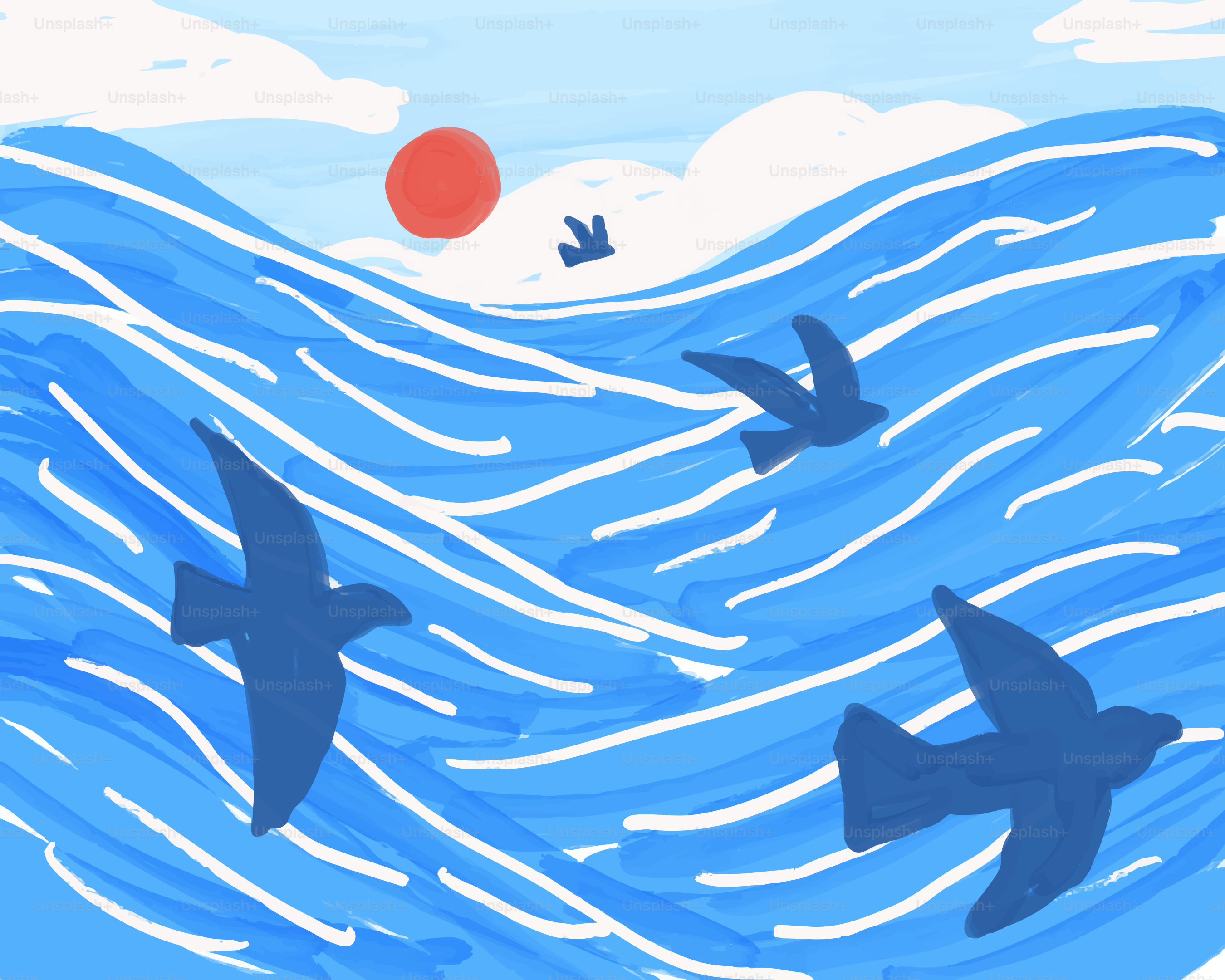 Birds fly over the ocean toward the sunset. vector – Wallpaper Image on ...