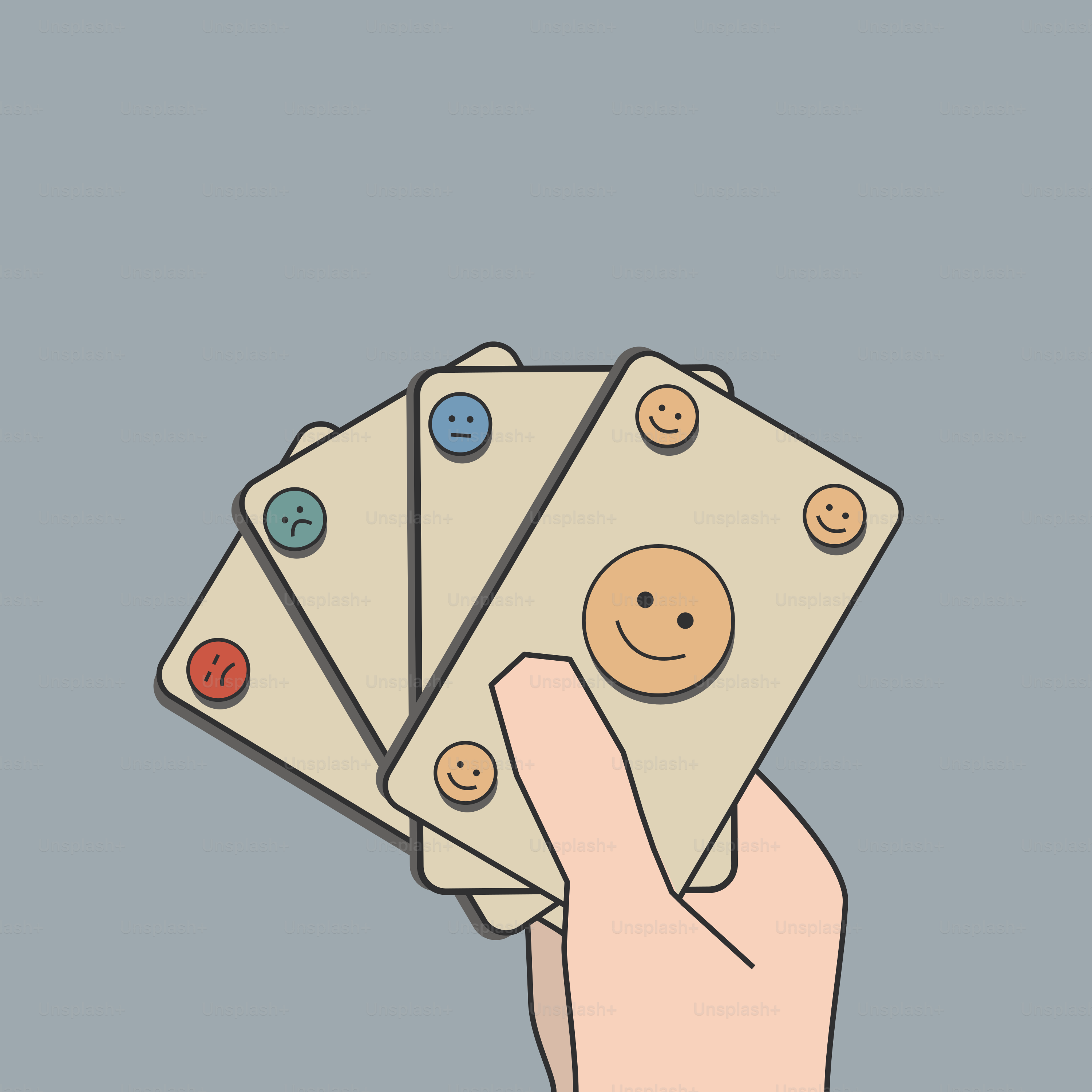 A hand holds cards with smiley faces. vector – Illustration Image on ...
