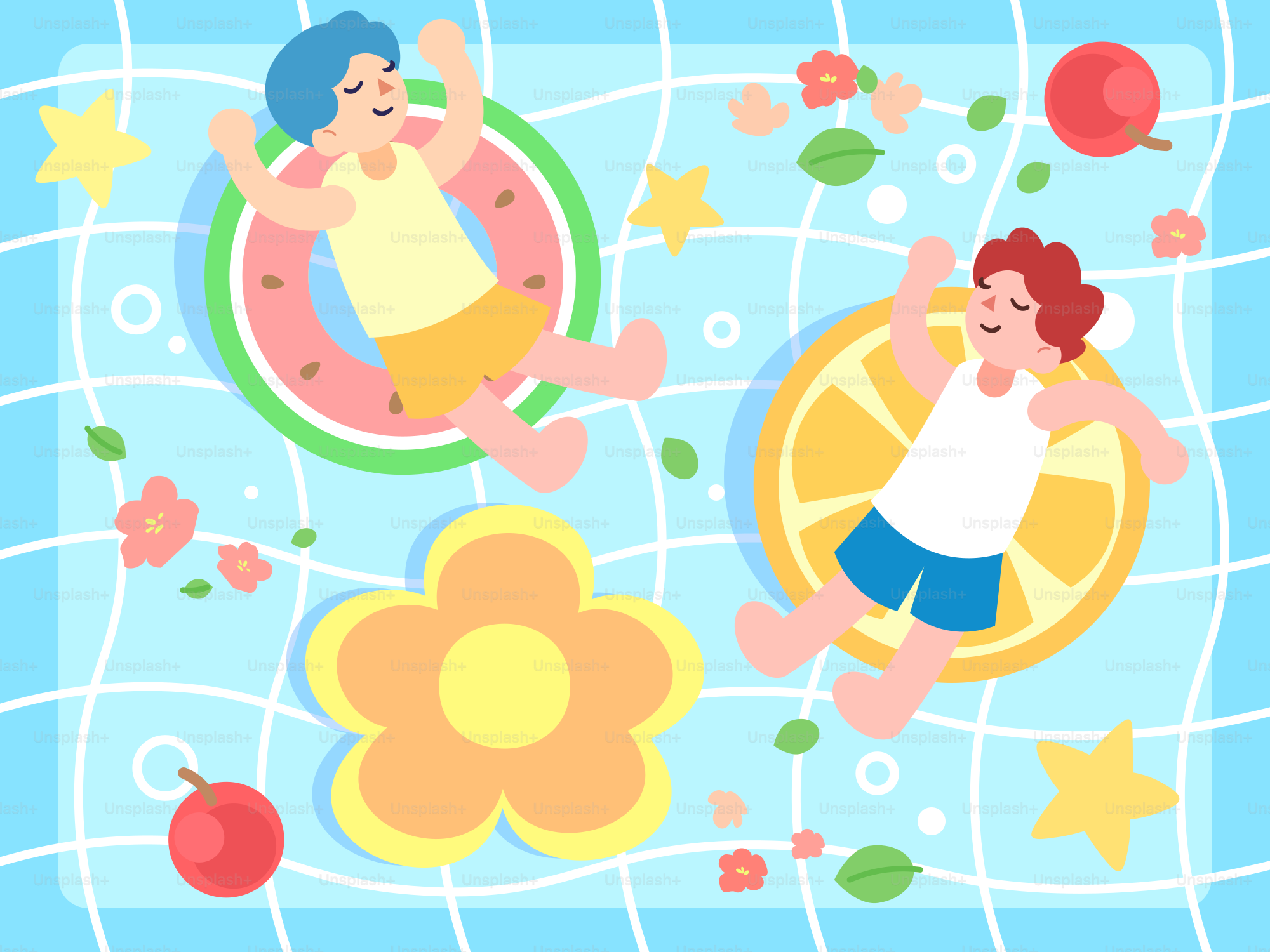 Two kids float in the pool on inner tubes. vector – Background Image on ...