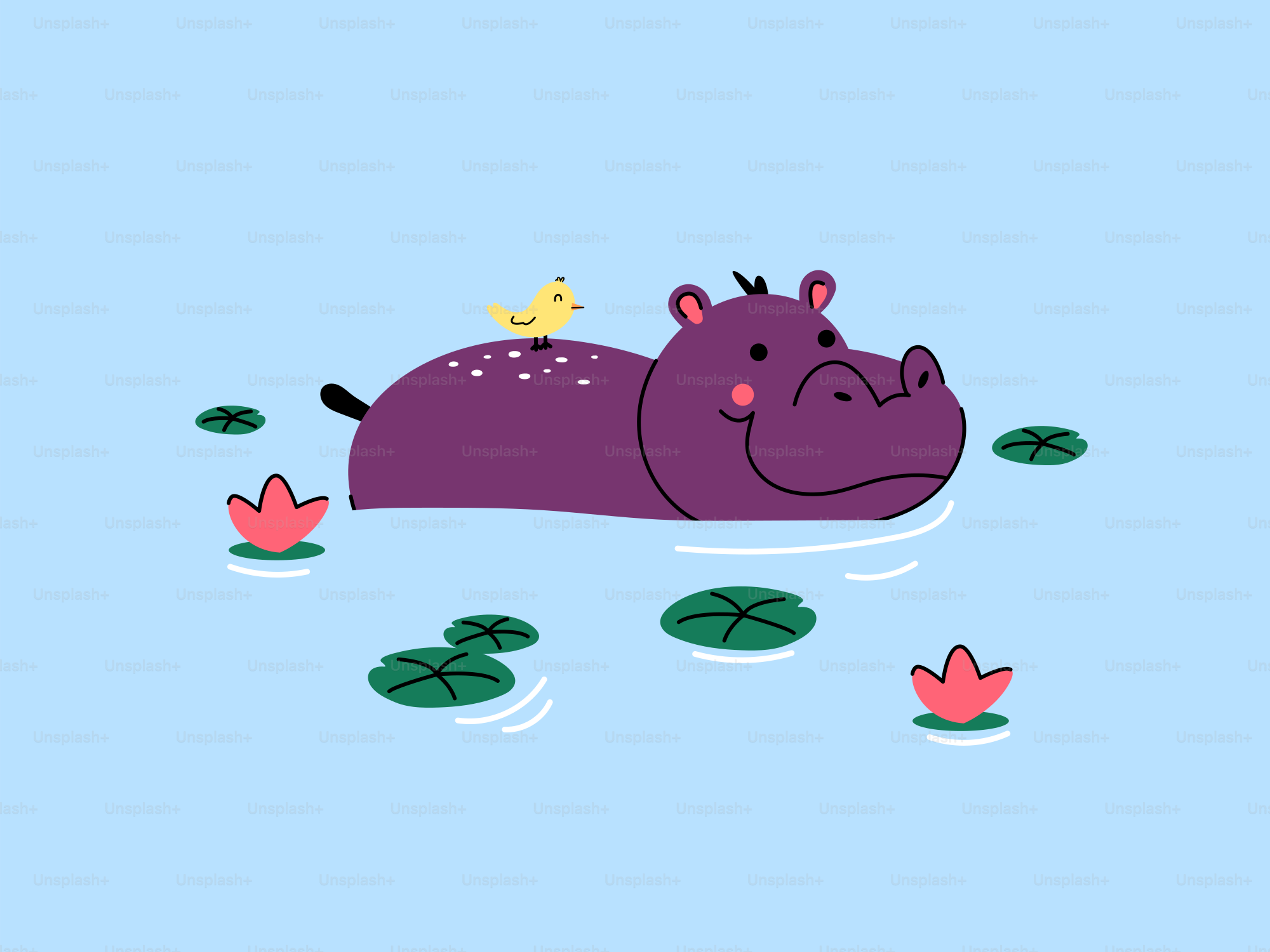 A smiling hippo swims with a bird. vector – Animal Image on Unsplash