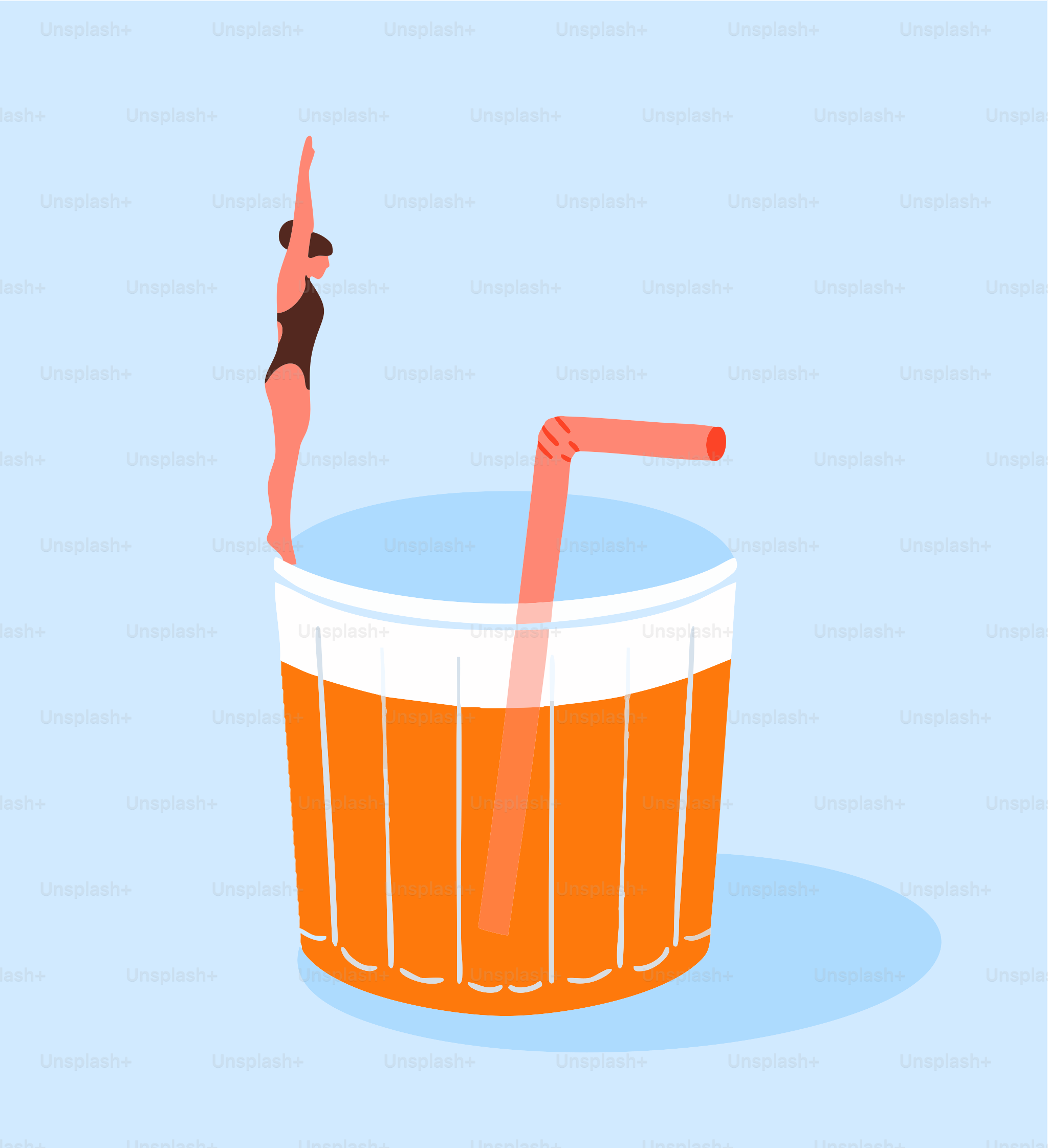 Una mujer se sumerge en un vaso gigante de jugo de naranja. vector ...