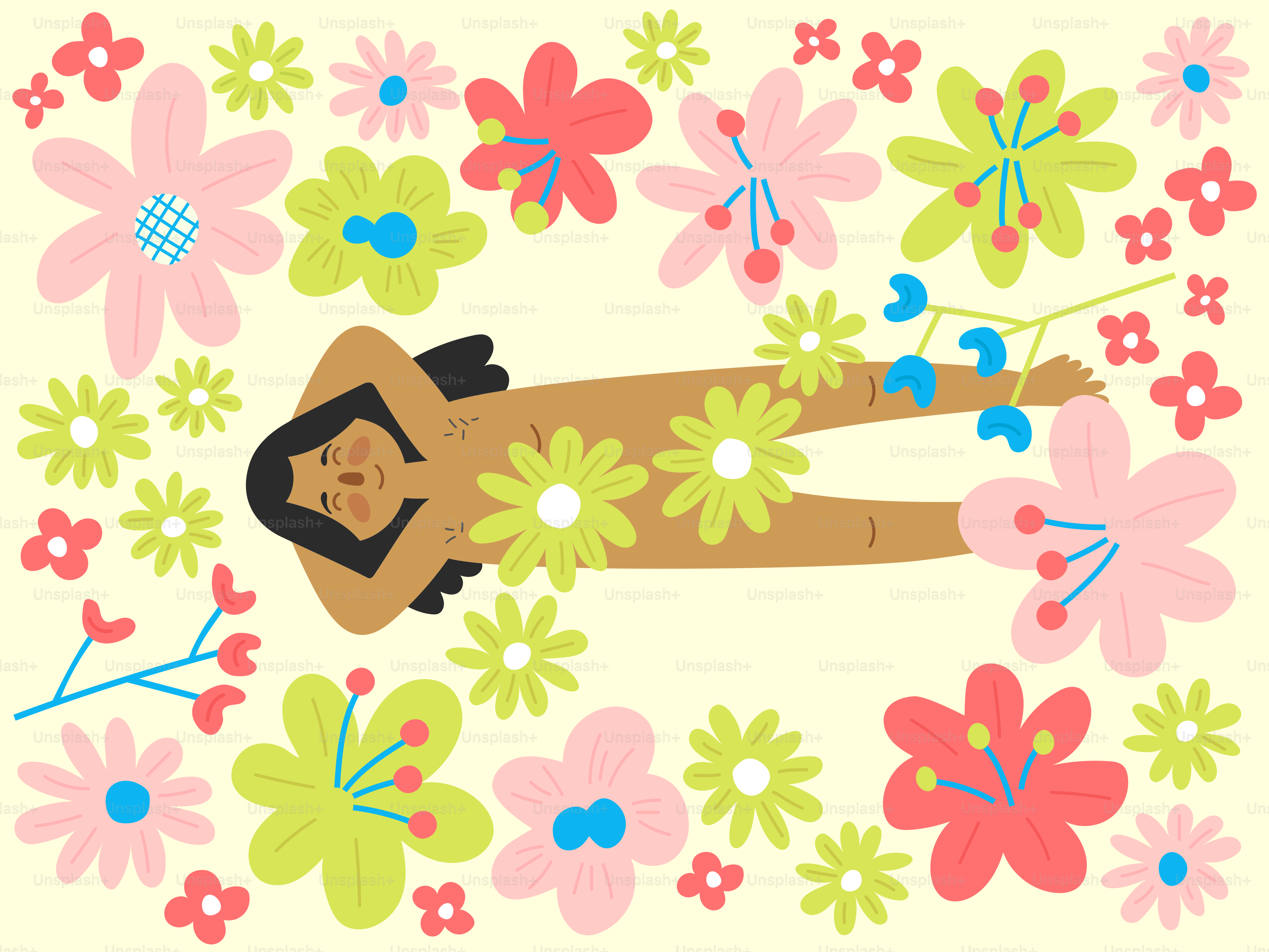 Una mujer acostada entre flores de colores. vector – Imagen de Fondo en ...