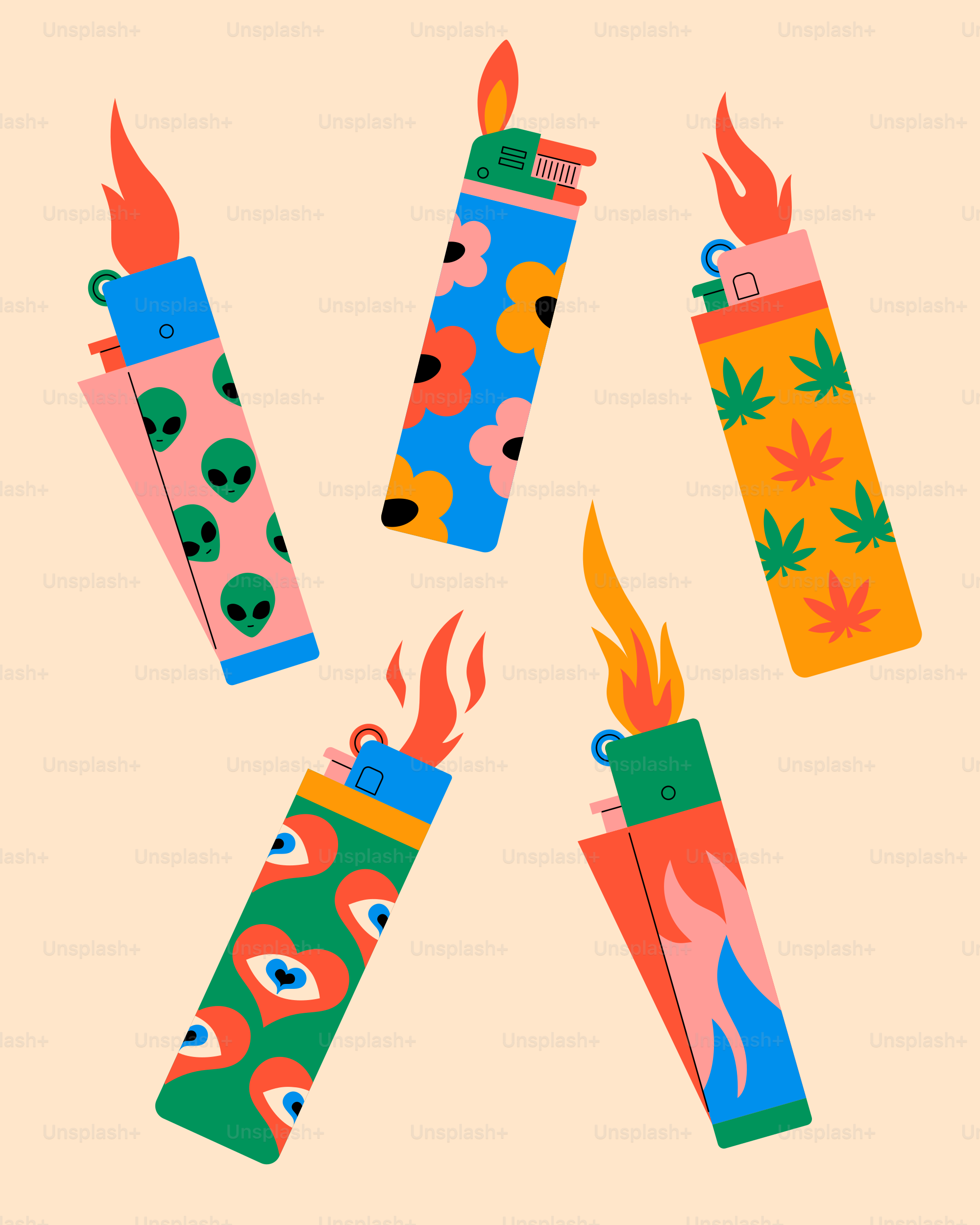 Five colorful lighters with unique and fun designs. vector ...