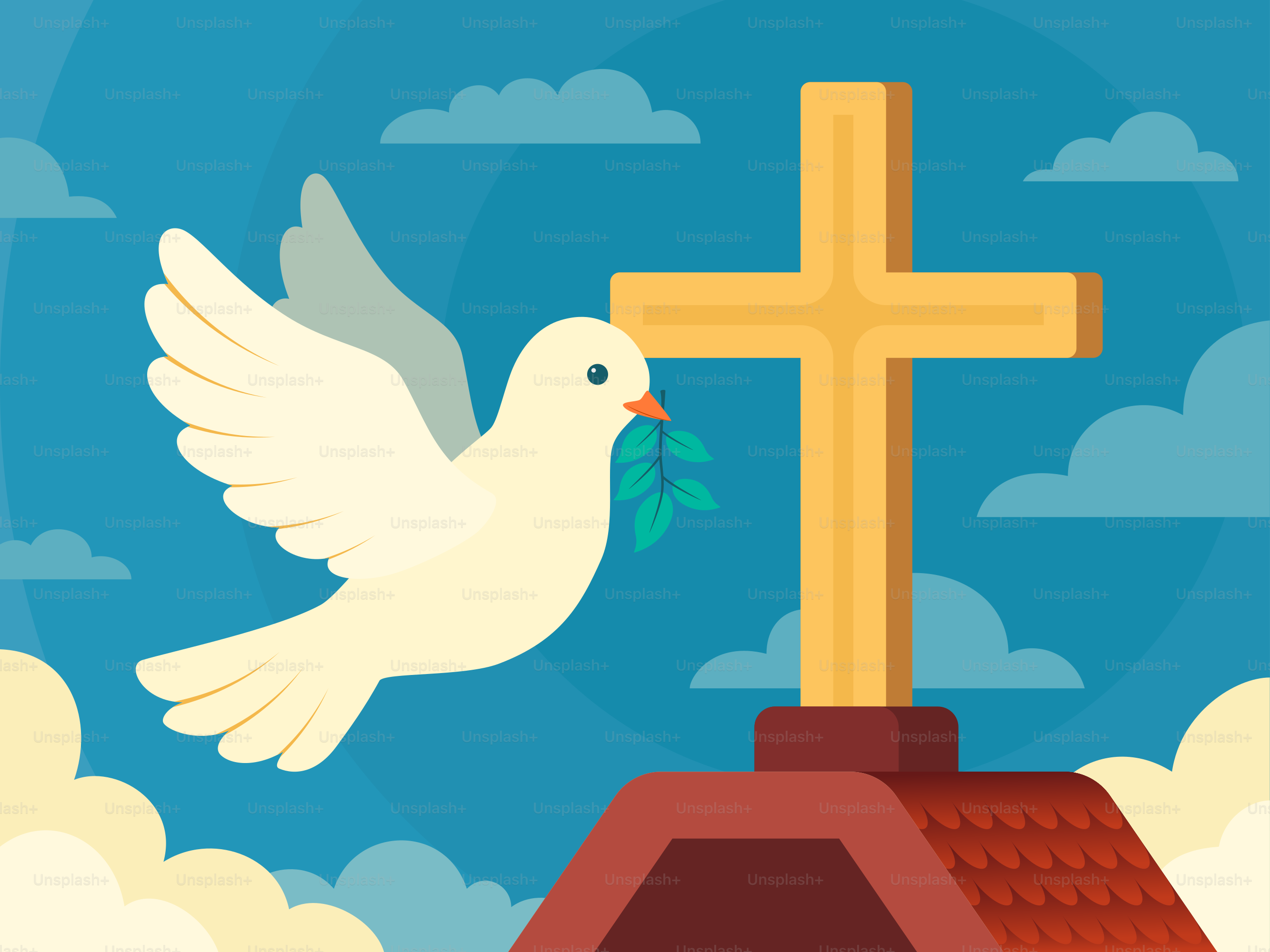 Vektor Seekor merpati terbang dengan salib di latar belakang. – Gambar ...