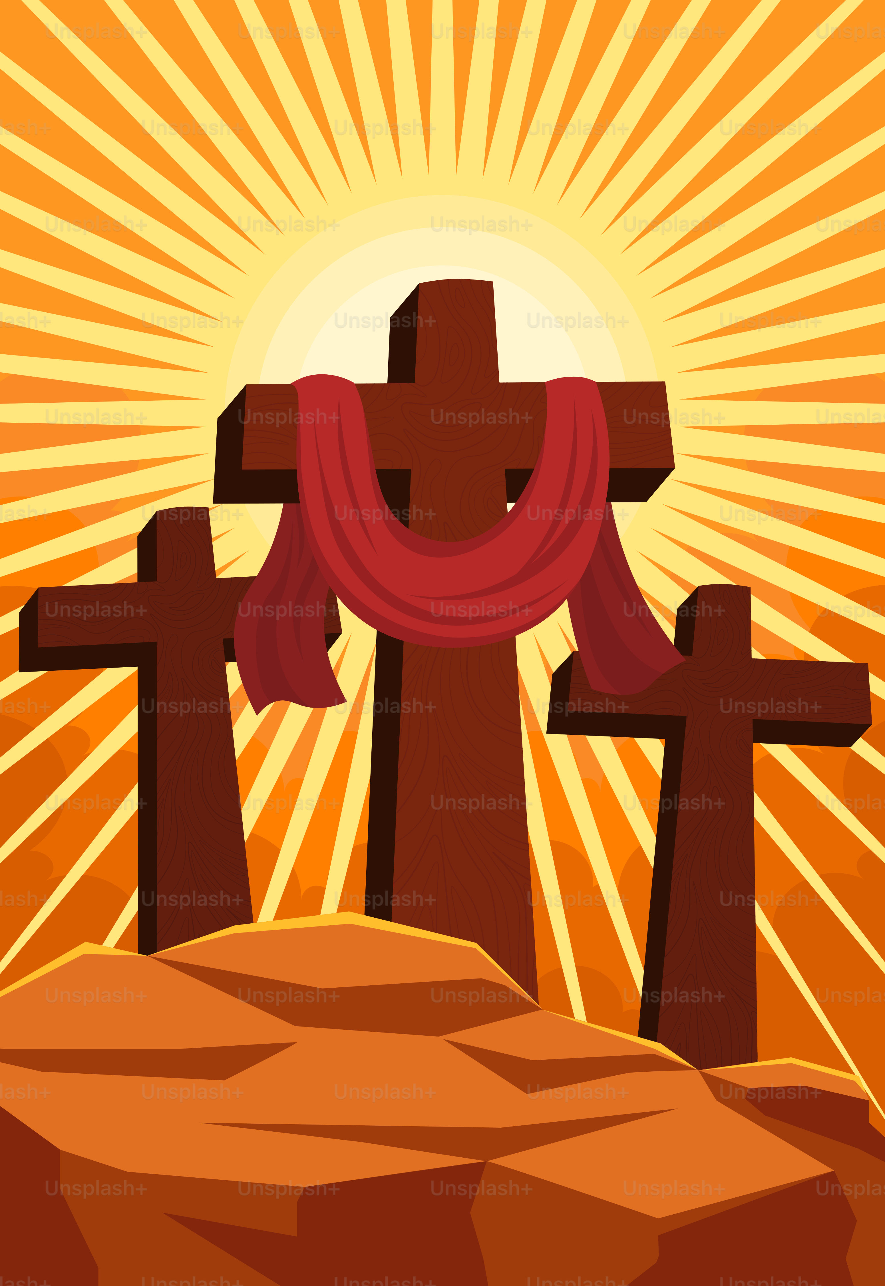 Three crosses stand beneath a radiant sun. vector – Illustration Image ...