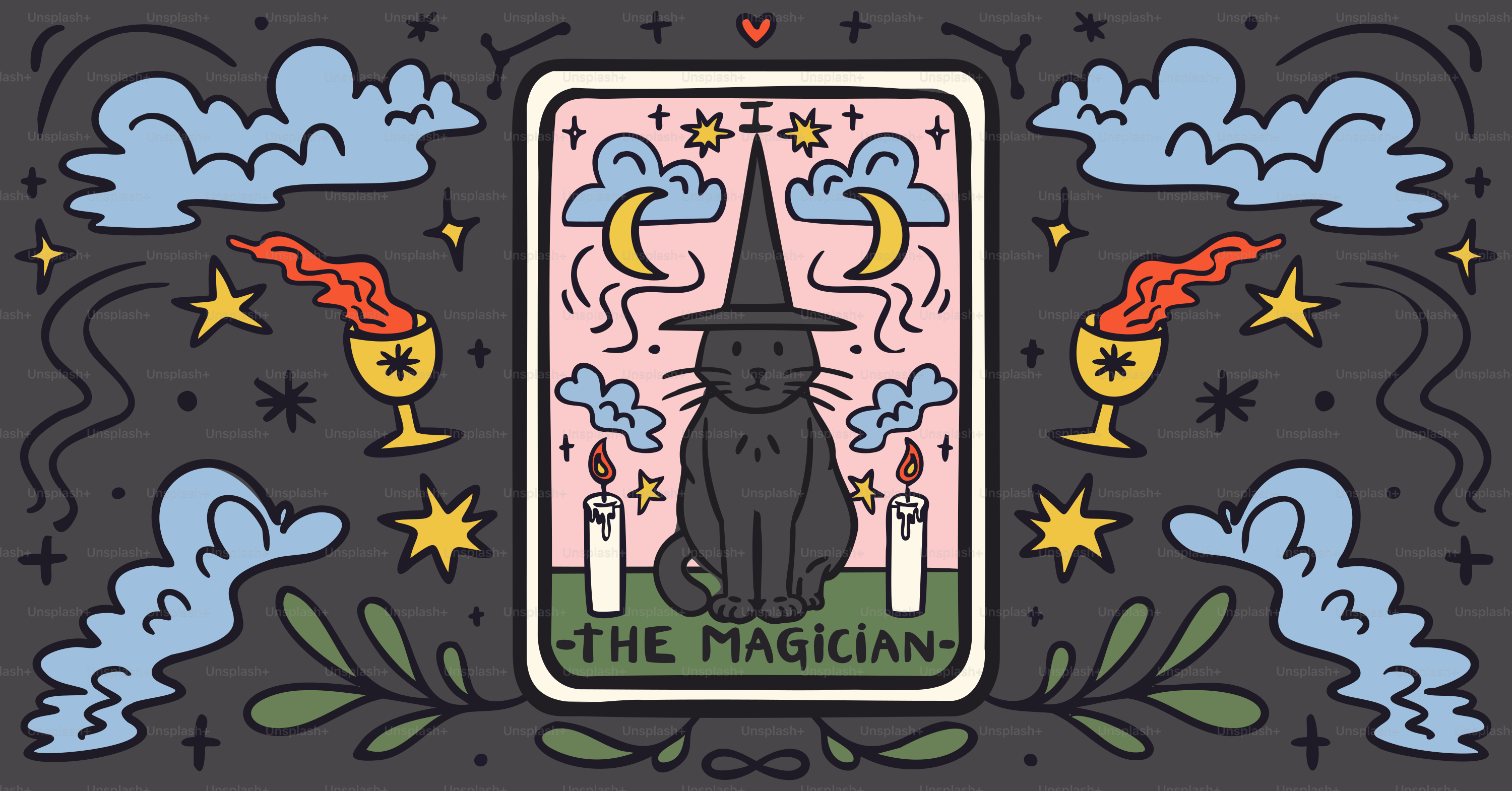 La carta del tarot del mago presenta un gato negro. vector – Imagen de ...
